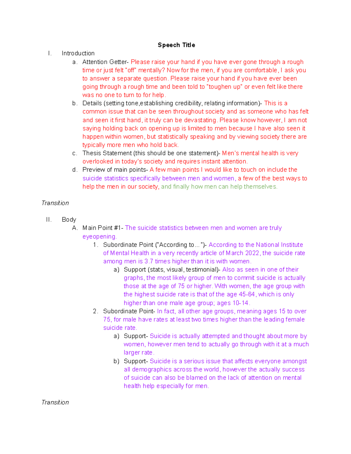 101 Persuasive Outline - Speech Title I. Introduction a. Attention ...
