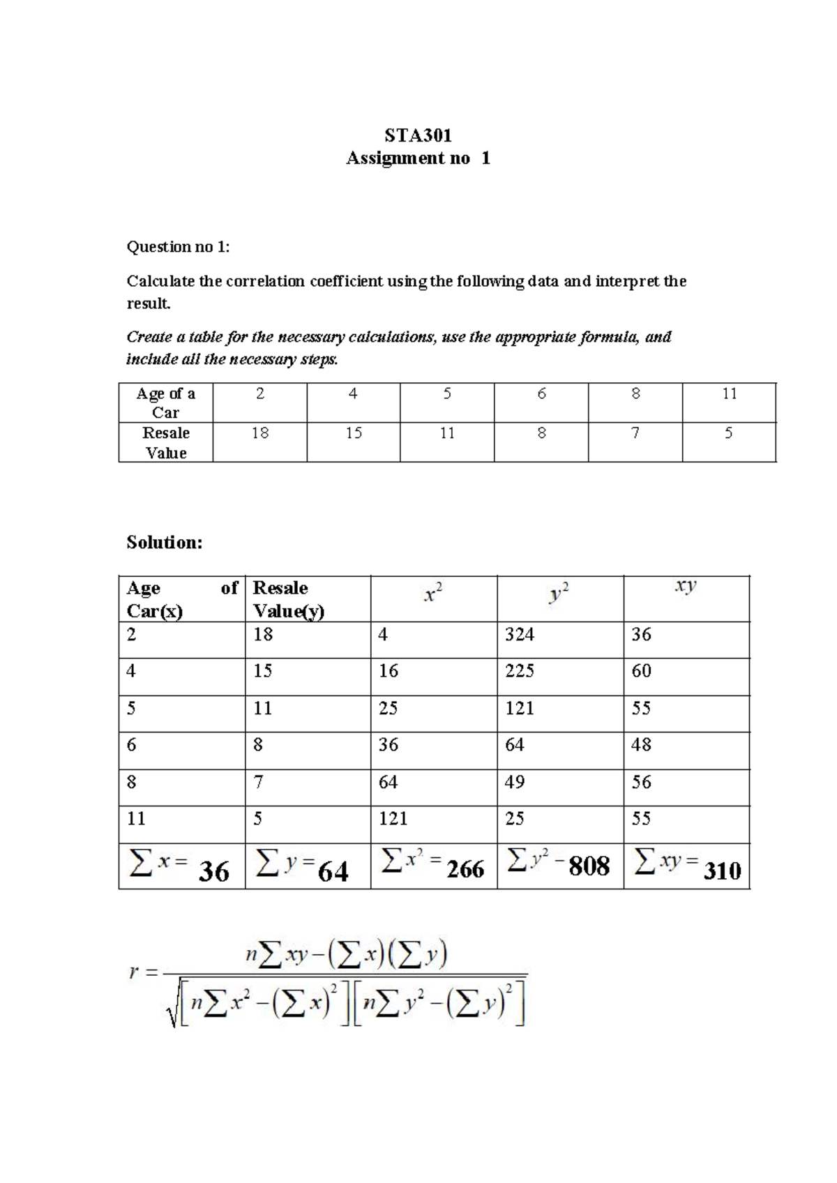 STA301.docx STA301 - STA Assignment no 1 Question no 1: Calculate the correlation coefficient ...