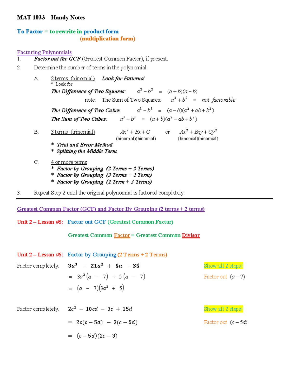 Handy Notes - GCF and Factor By Grouping (2 terms + 2 terms) - MAT 1033 ...
