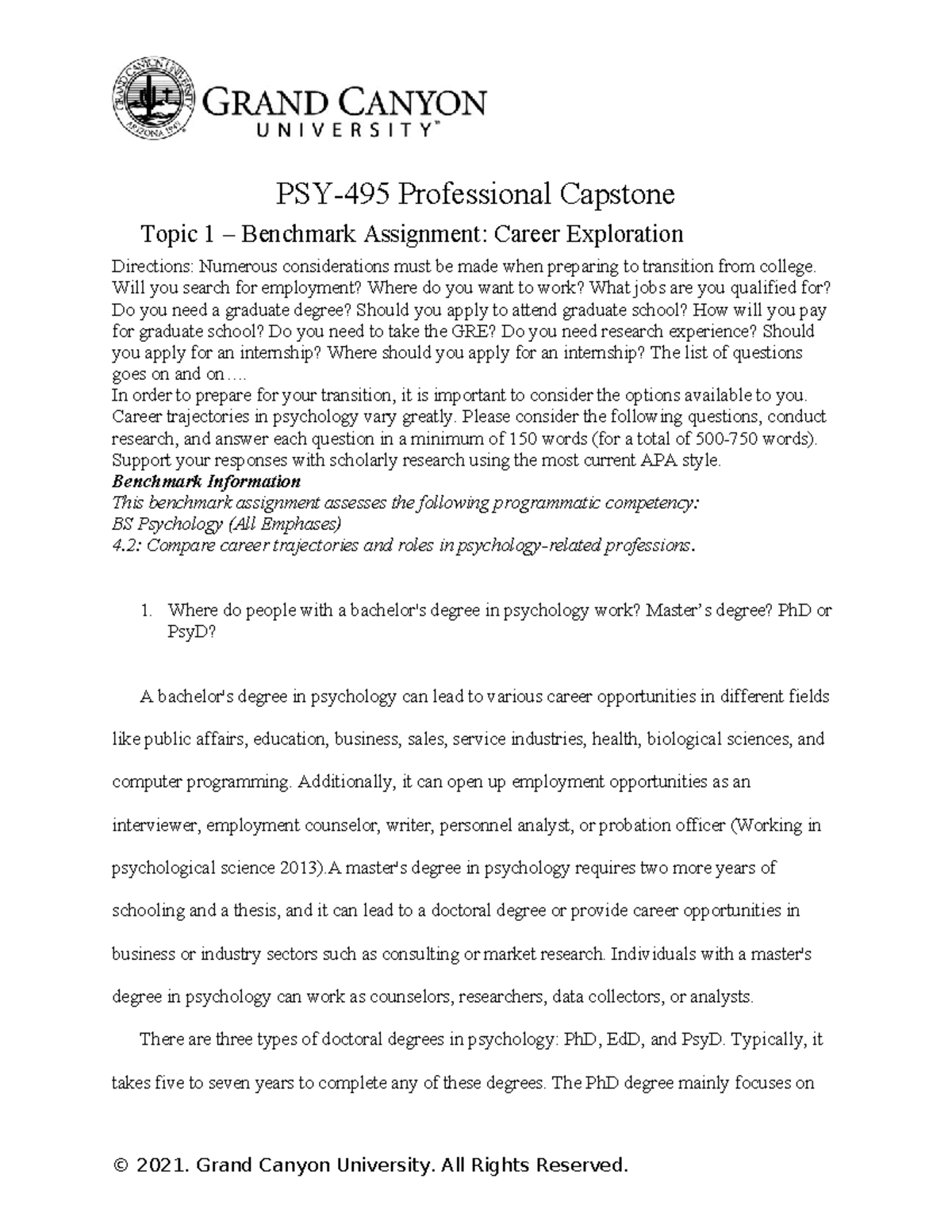 PSY 495 RS T1 Benchmark Career Exploration - PSY-495 Professional Capstone Topic 1 – Benchmark ...