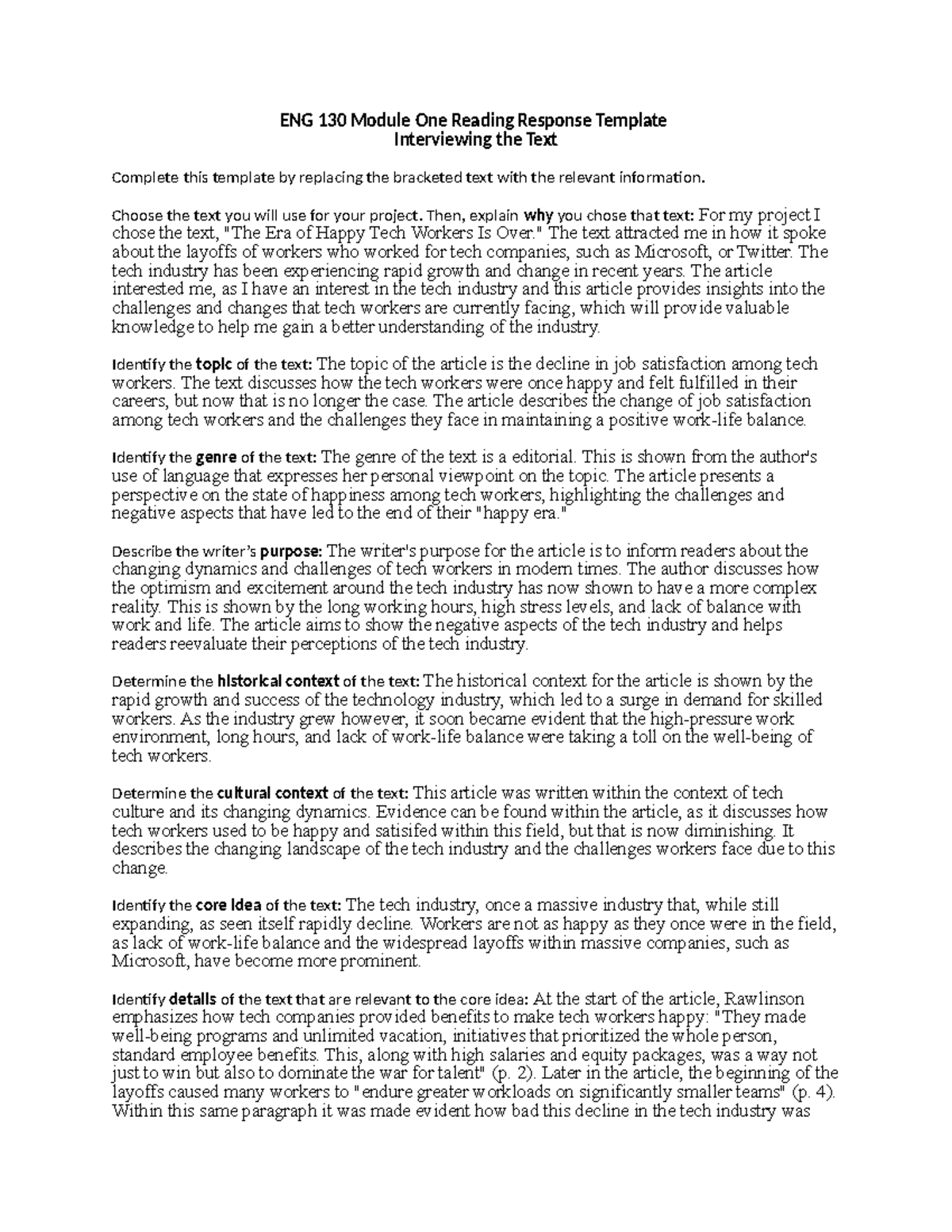 Eng 130 Module One Reading Response Assignment Eng 130 Module One