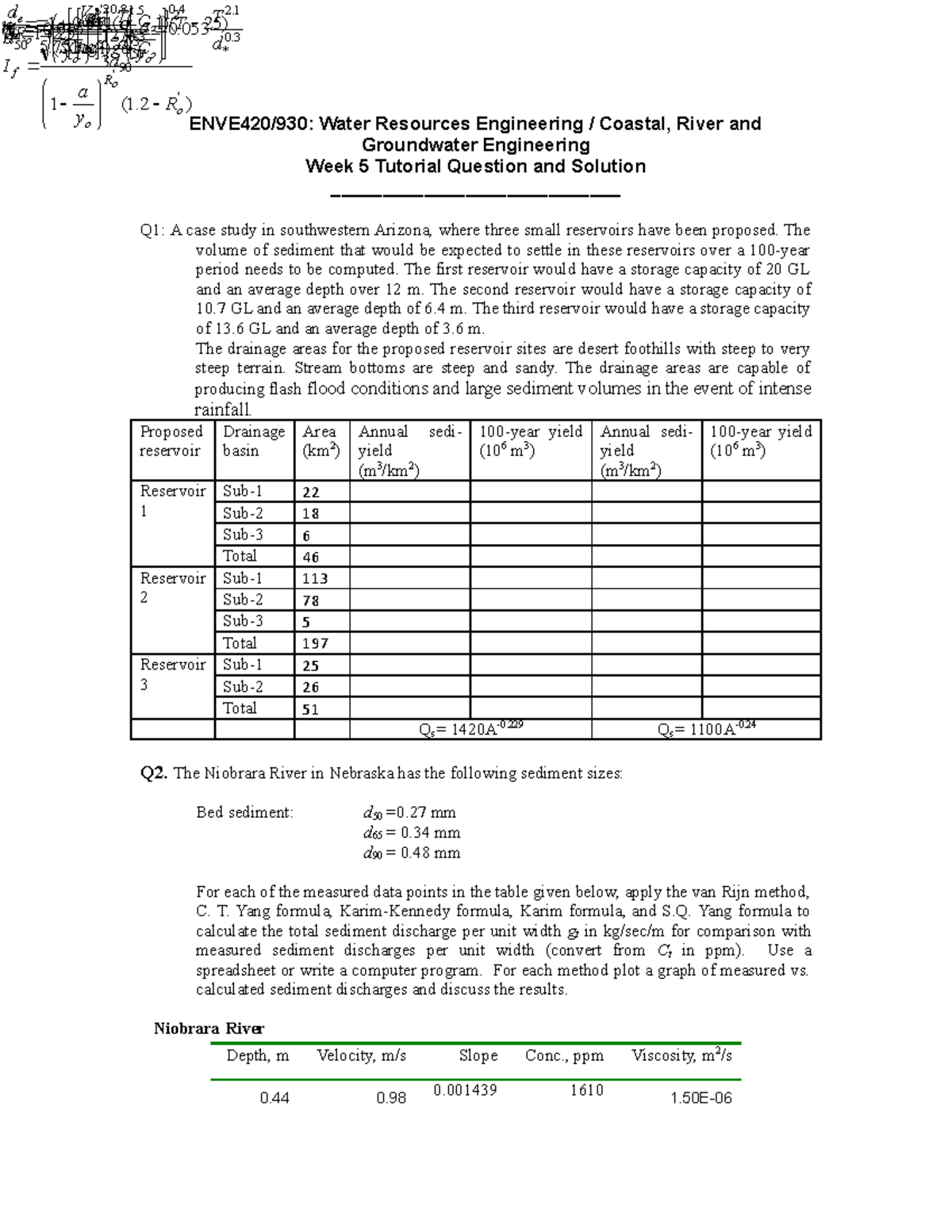 Week 5 Tutorial (question) - ENVE420/930: Water Resources Engineering / Coastal, River and - Studocu