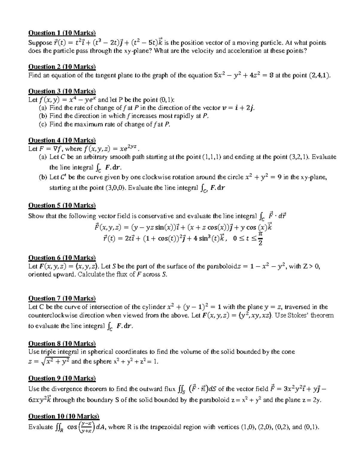 ENGR 233 sample - Practice final exam - Question 1 (10 Marks) Suppose 𝑟⃗ ( 𝑡 ) = 𝑡 2 𝑖⃗ + ( 𝑡 3 ...