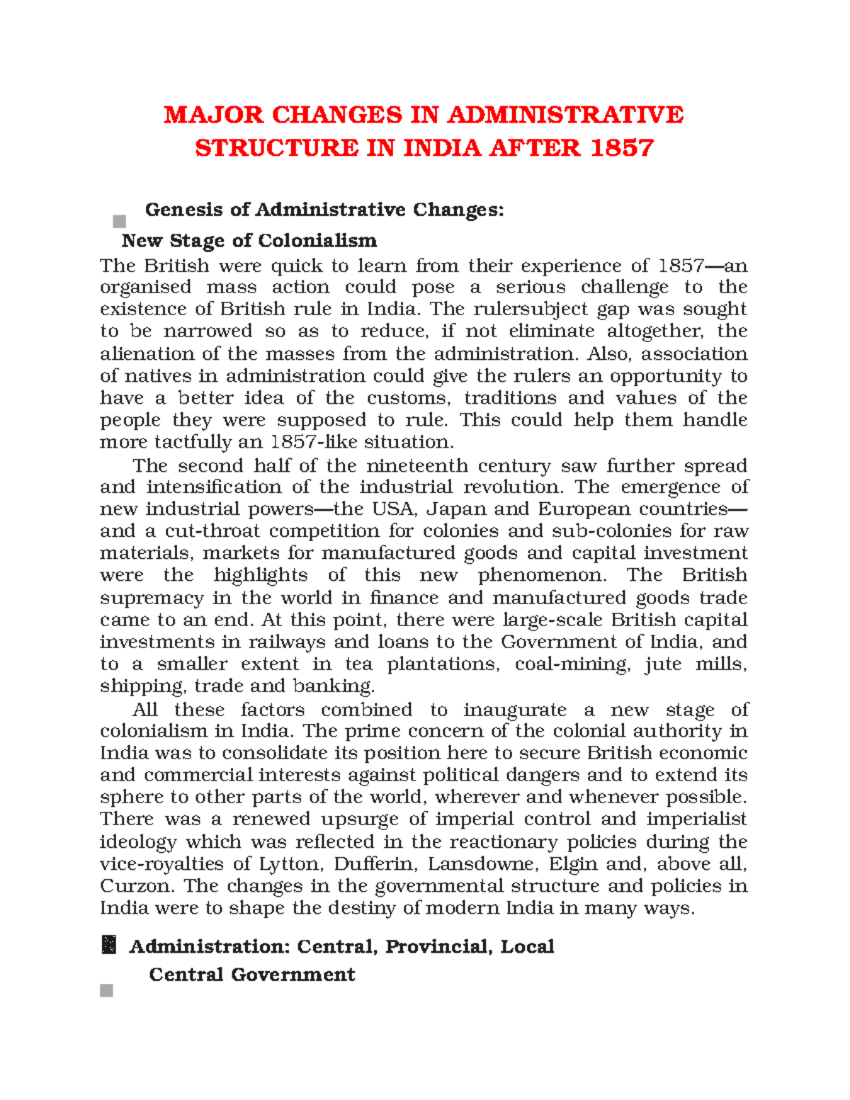 Major Changes IN Administrative Structure IN India After 1857 - History ...