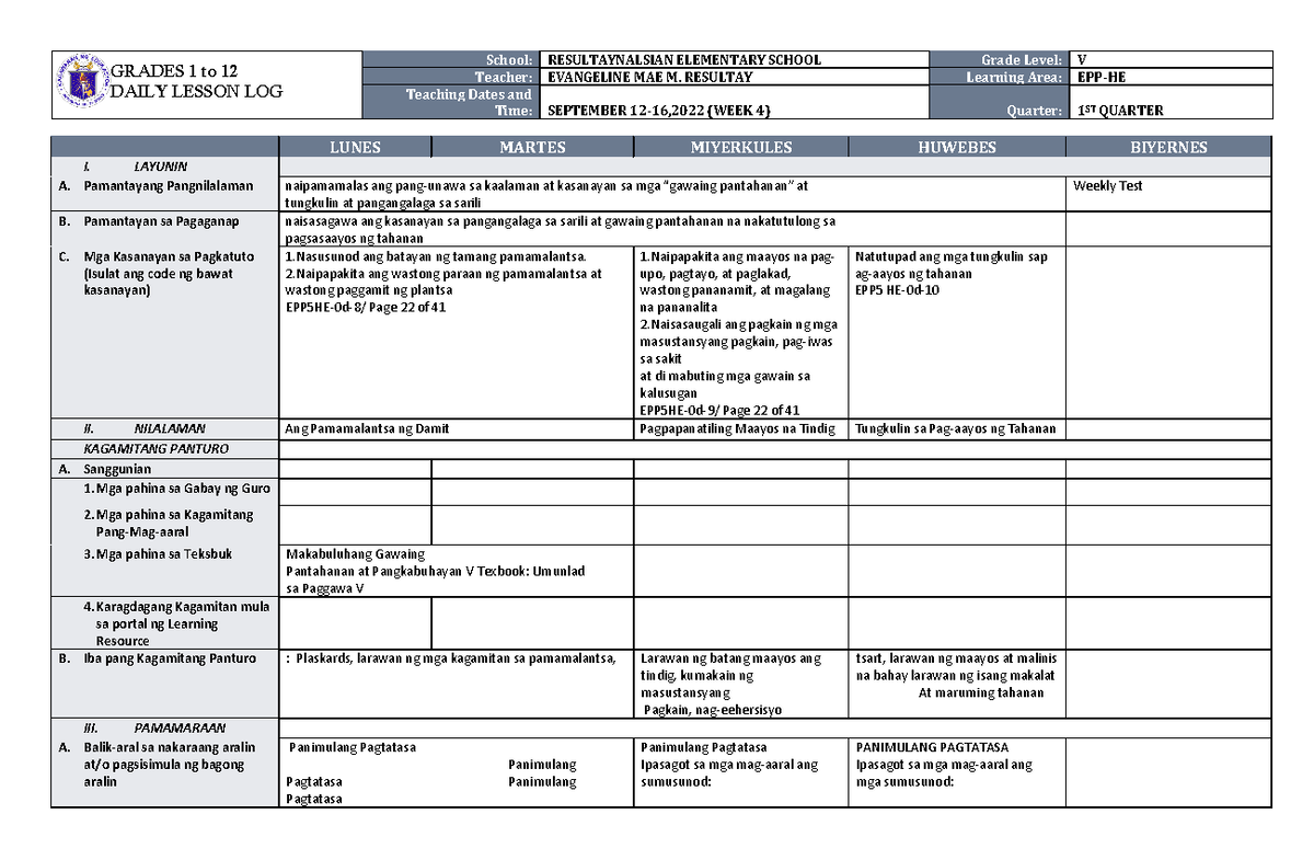 DLL EPP 5 Q1 W4 - DLL - GRADES 1 to 12 DAILY LESSON LOG School: RESULTAYNALSIAN ELEMENTARY ...