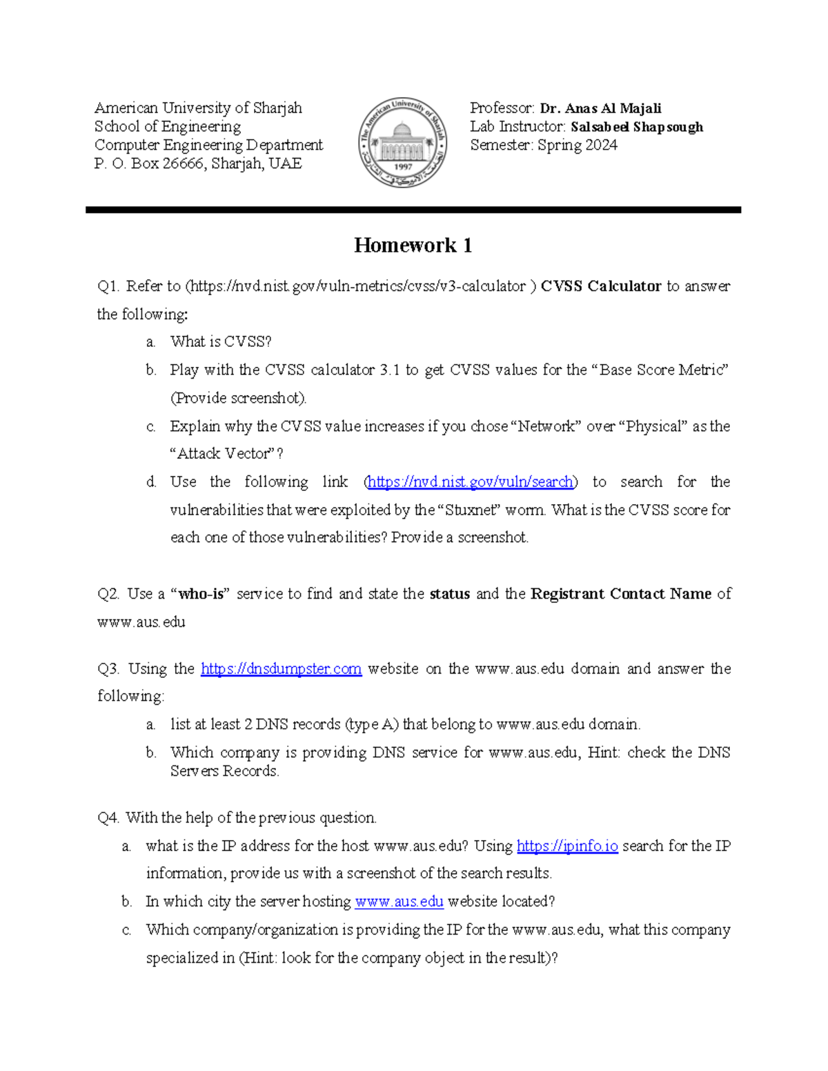 HW1 of computer - American University of Sharjah School of Engineering Computer Engineering ...