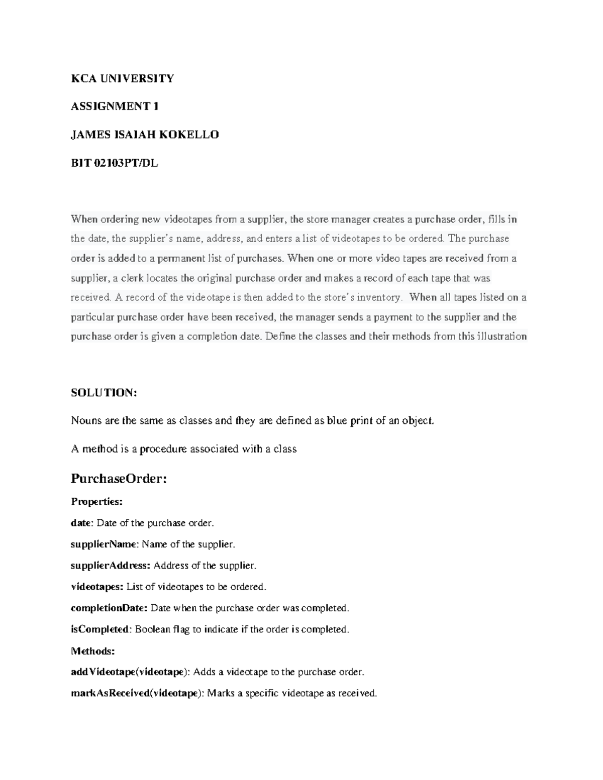 KCA University OOP Assignment i - KCA UNIVERSITY ASSIGNMENT 1 JAMES ISAIAH KOKELLO BIT 02103PT ...