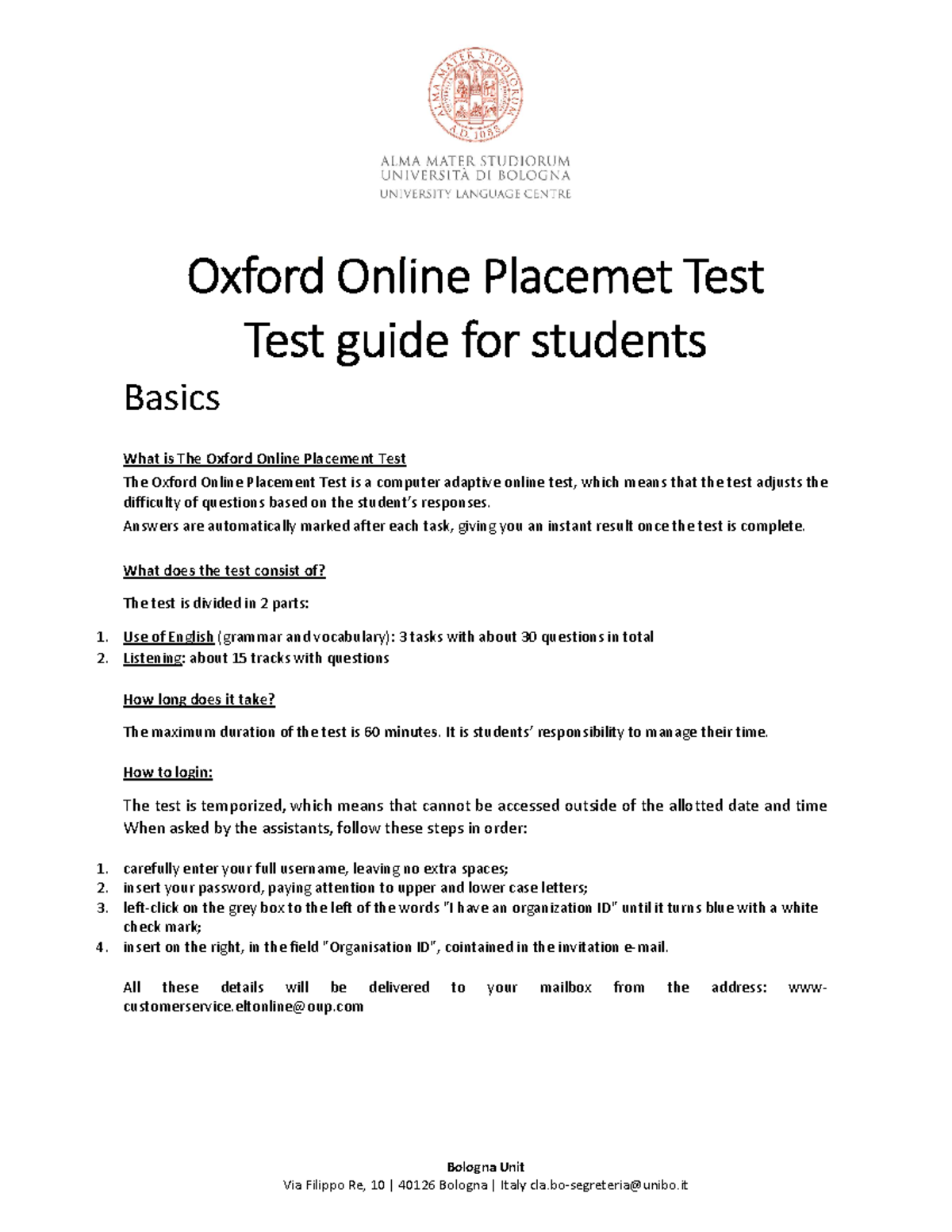 Guidelines for OOPT test - Bologna Unit Oxford Online Placemet Test ...