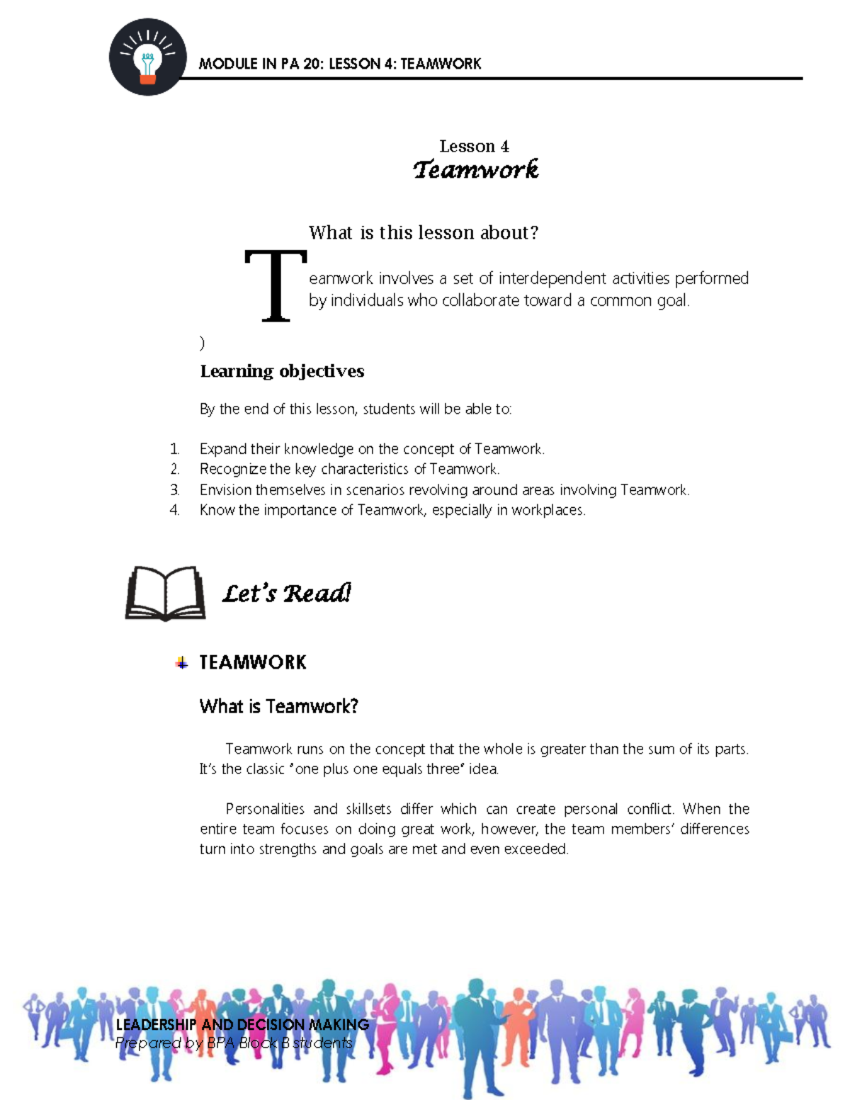 4 - Human Resource - ####### LEADERSHIP AND DECISION MAKING Lesson 4 ...