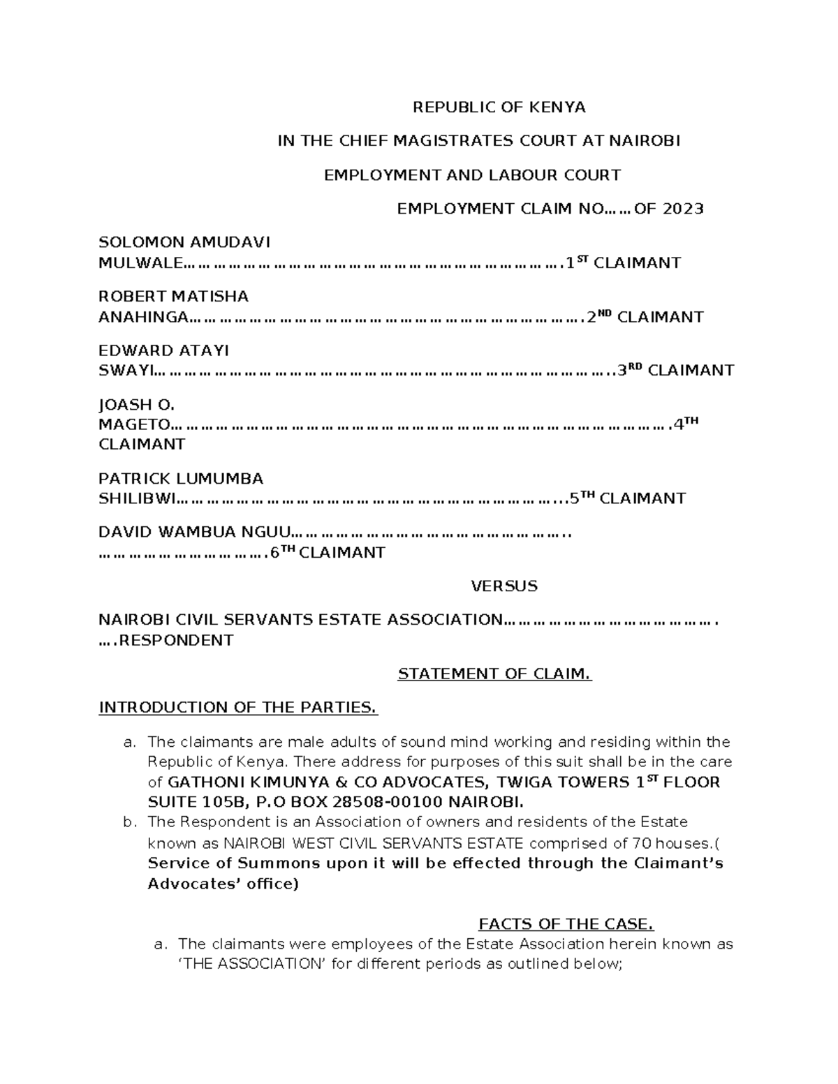 Civil Servants Association claim - REPUBLIC OF KENYA IN THE CHIEF ...