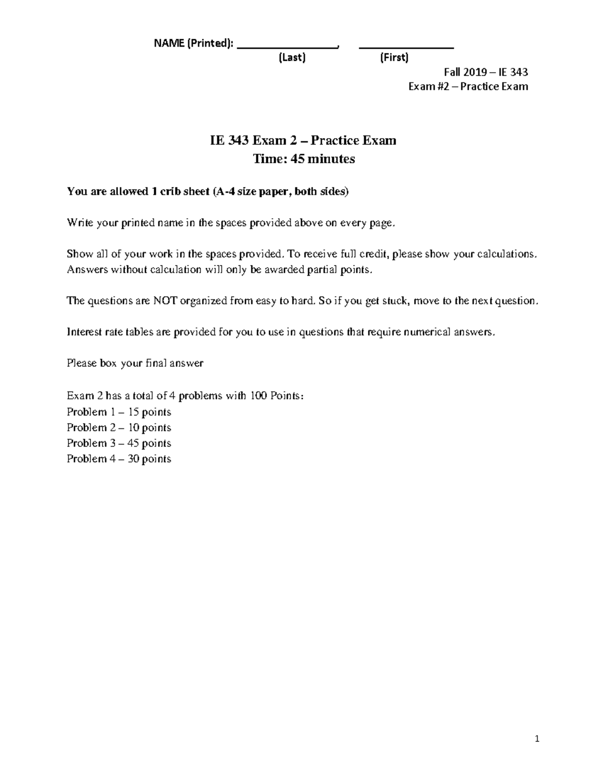 Practice Exam - (Last) (First) Fall 2019 – IE 343 Exam #2 – Practice ...