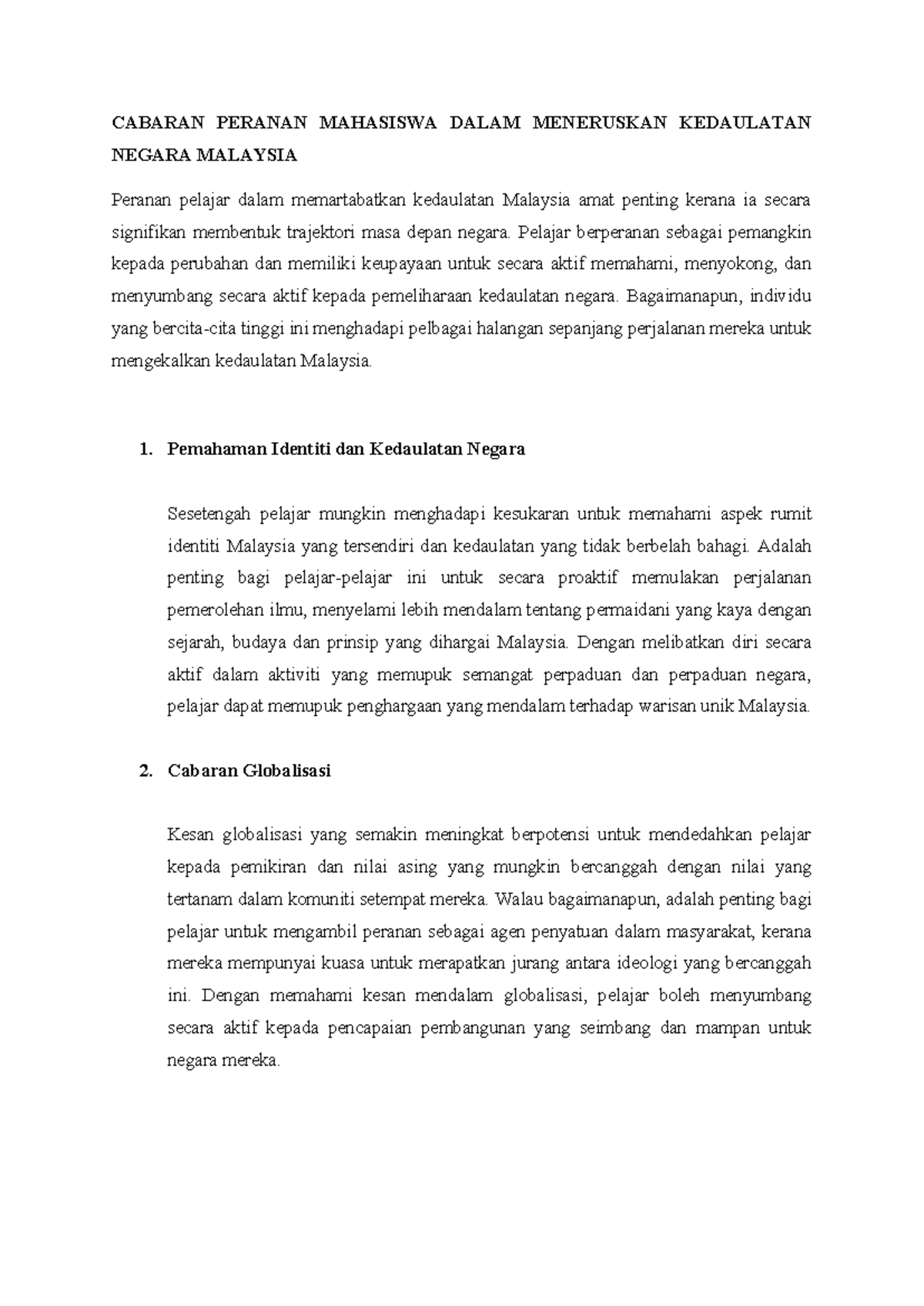 Cabaran Peranan Mahasiswa Dalam Meneruskan Kedaulatan Negara Malaysia ...