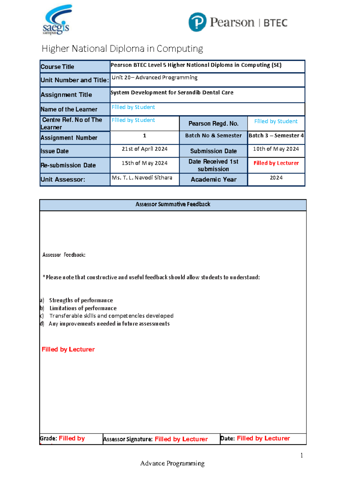 Advance Programming - 1 Higher National Diploma in Computing Course Title Pearson BTEC Level 5 ...
