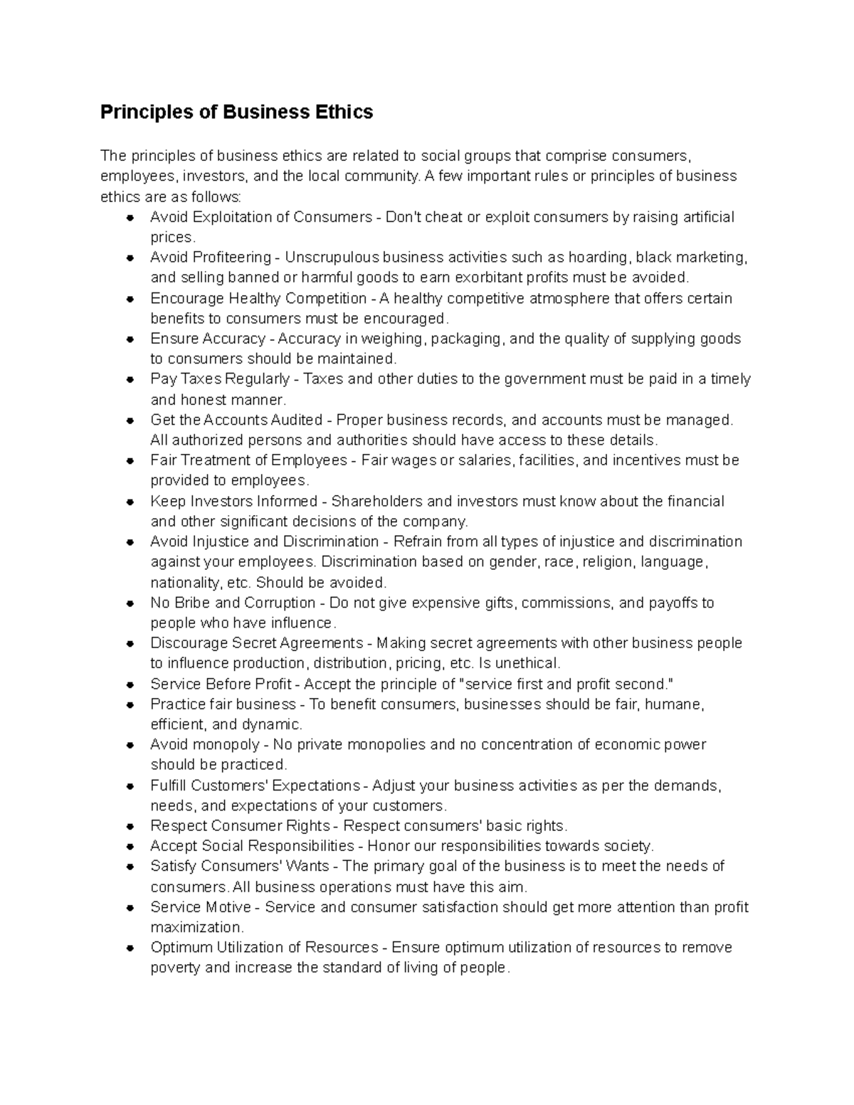 Principles of Business Ethics - A few important rules or principles of ...