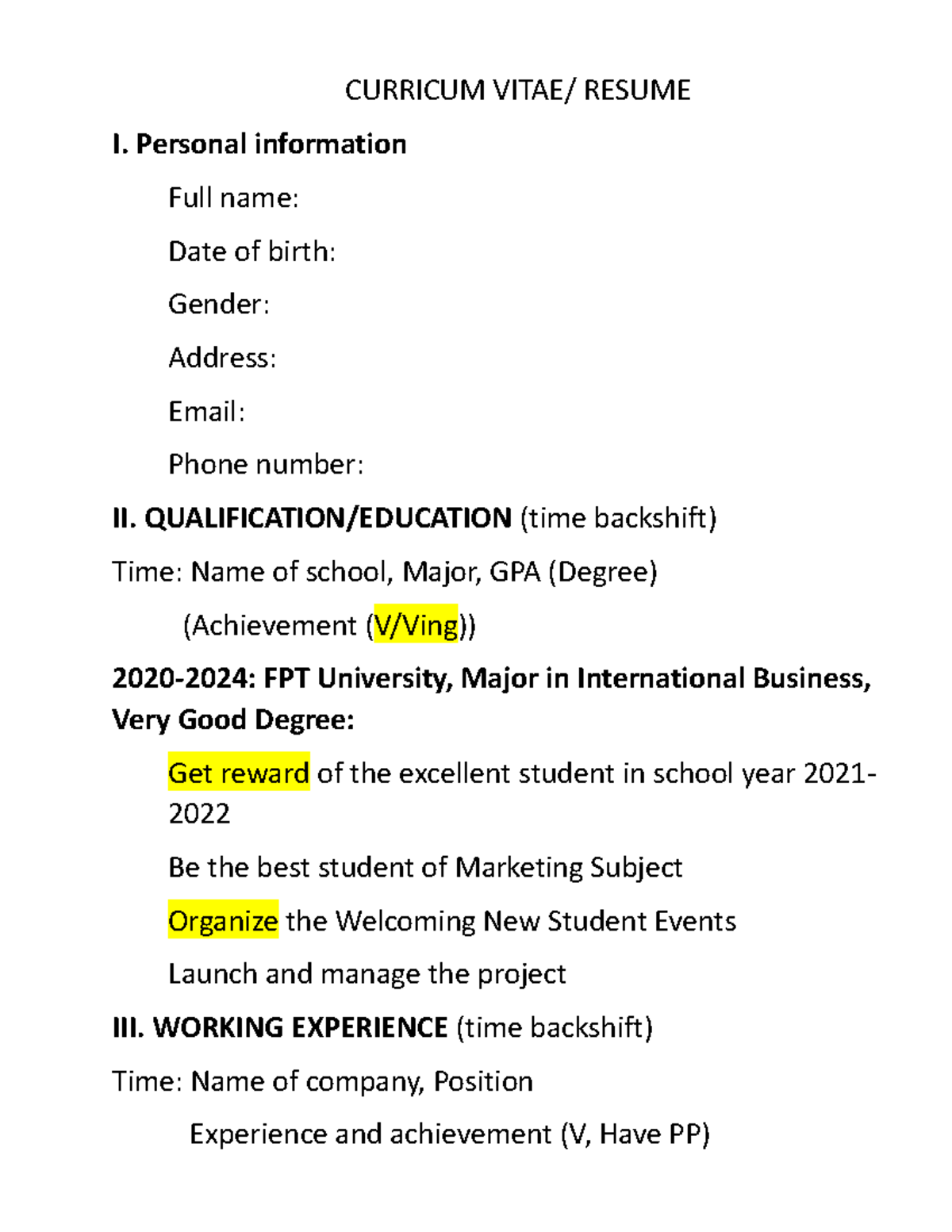 Curricum Vitae and letter - CURRICUM VITAE/ RESUME I. Personal ...