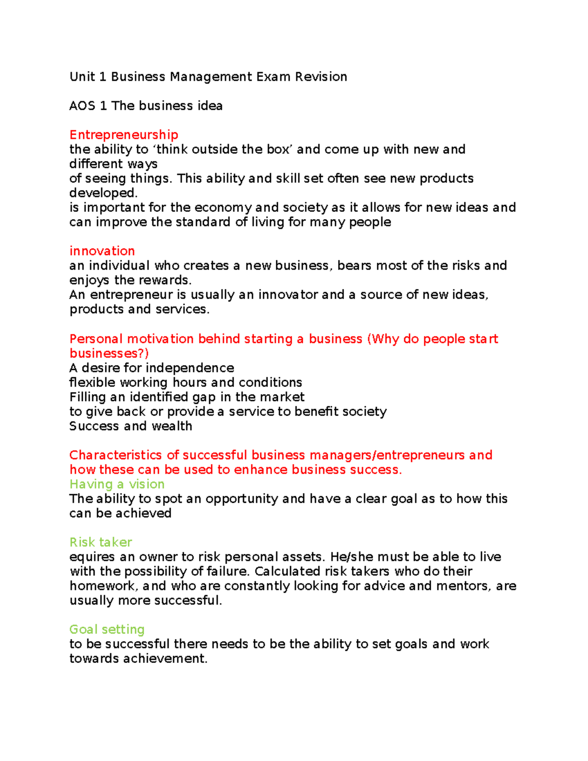 Unit 1 Business Management Exam Revision - Unit 1 Business Management ...