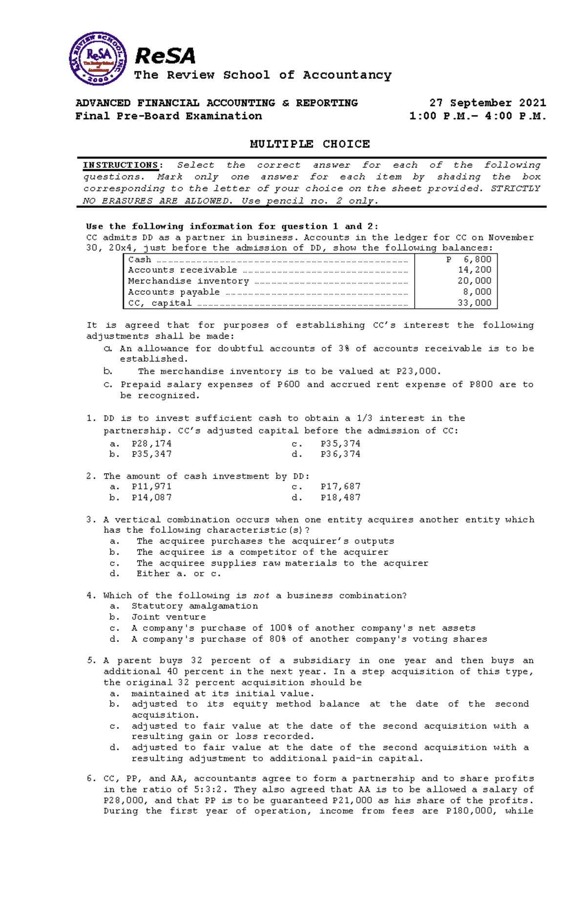 Re SA B42 AFAR Final PB Exam Questions Answers Solutions - ReSA The Review School of Accountancy ...