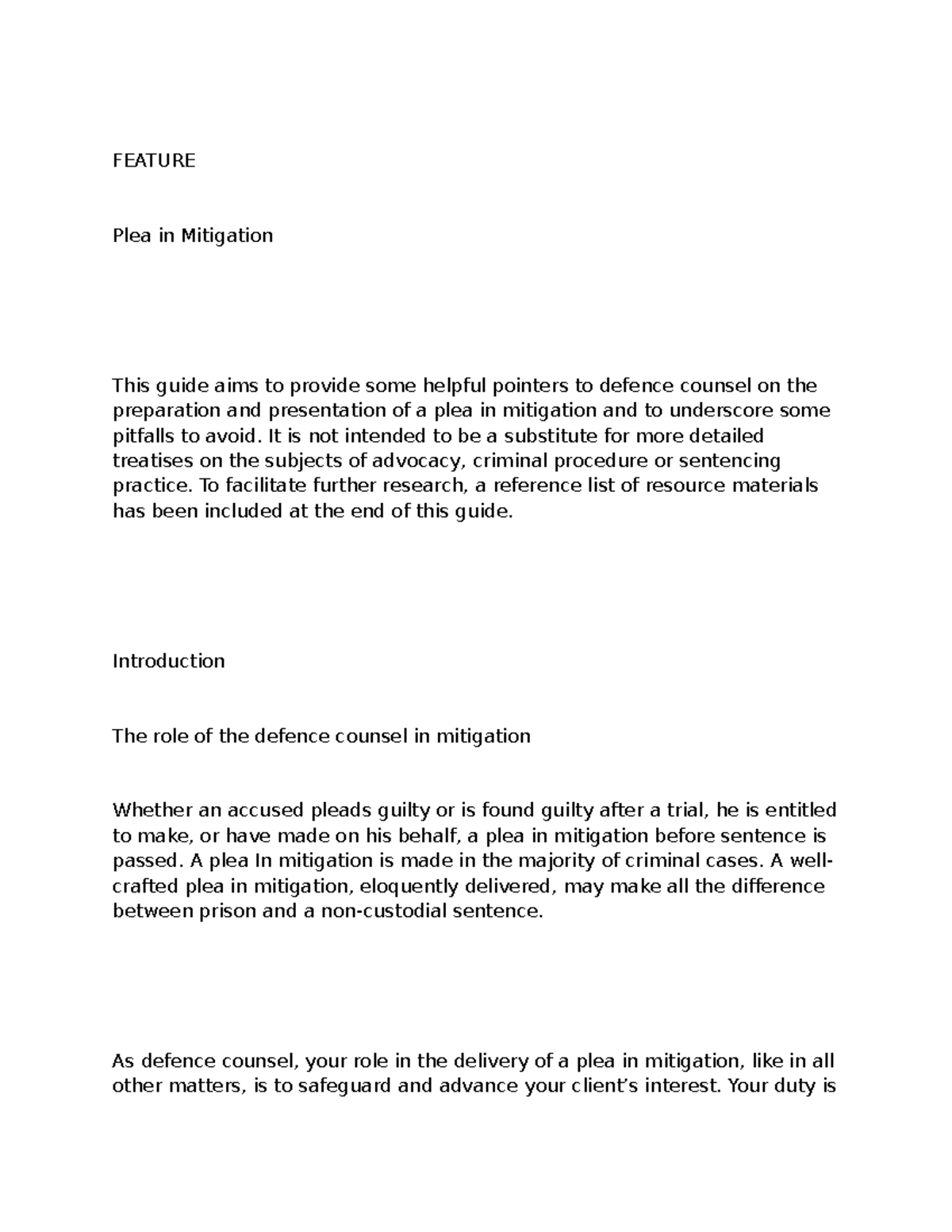 Mitigation PLEA Document - FEATURE Plea in Mitigation This guide aims to provide some helpful ...