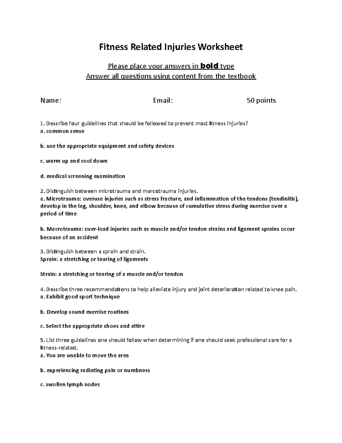 Kayla D- Fitness Related Injuries Worksheet OL - Fitness Related ...