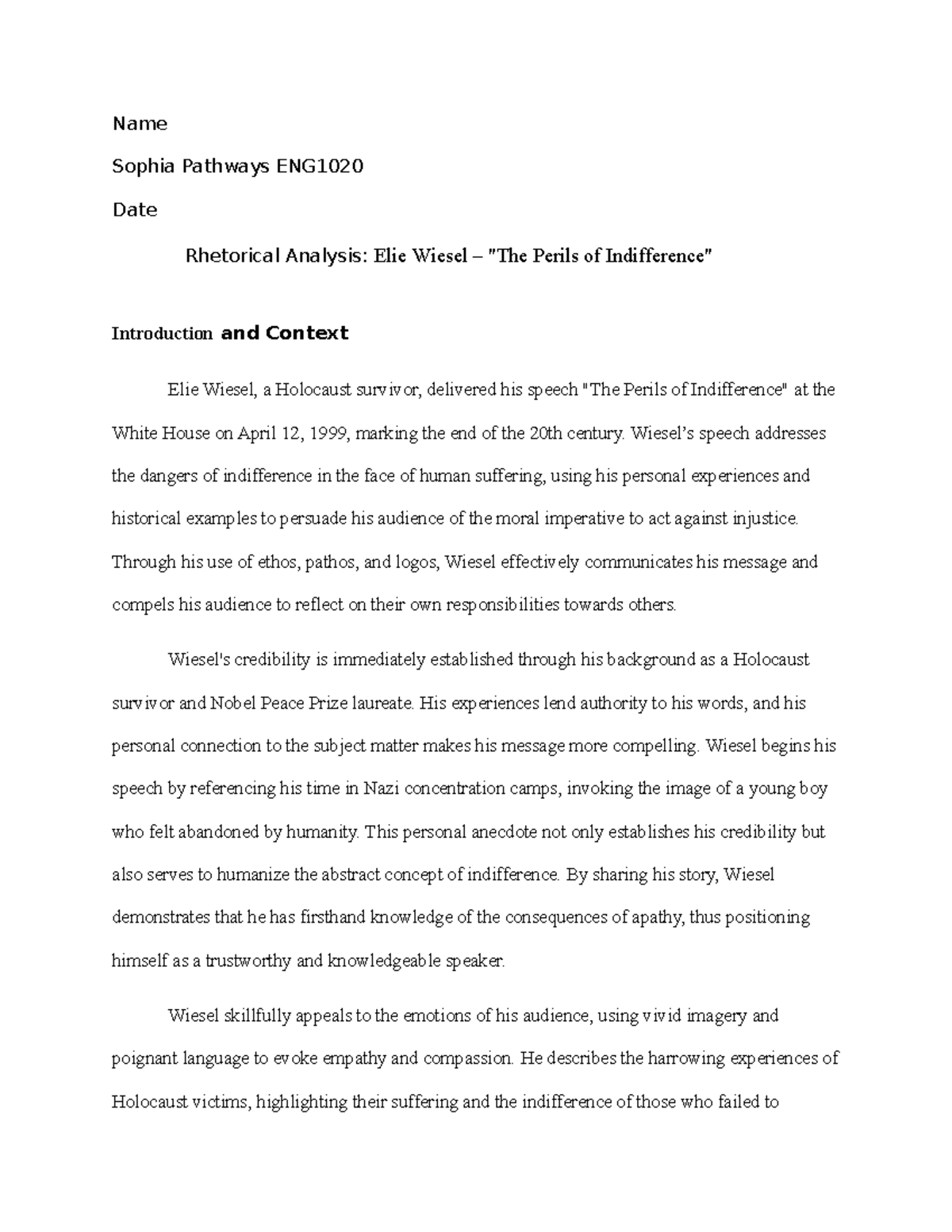 Rhetorical Analysis of Elie Wiesel - Name Sophia Pathways ENG Date ...