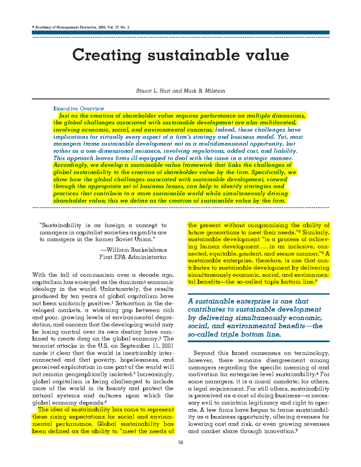 Creating Sustainable Value Hart And Milstein 2003 Highlighted Creating Sustainable Value