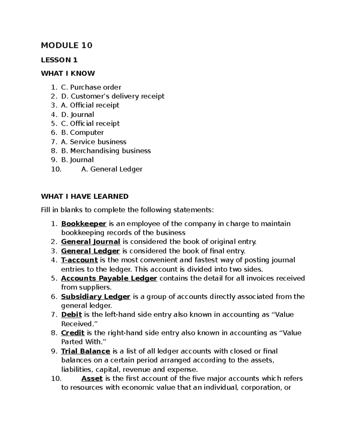 Module 10 Jane - Summary Entrepreneurship - MODULE 10 LESSON 1 WHAT I KNOW 1. C. Purchase order ...