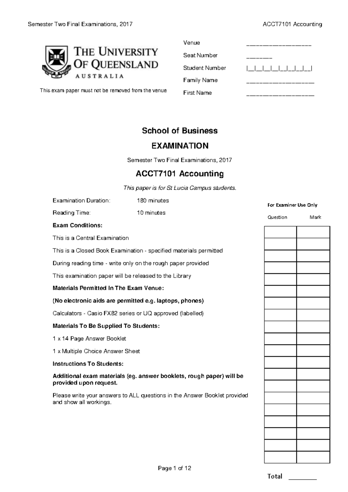 Semester Two Final Examinations 2017 ACCT7101 - Page 1 of 12 This exam ...