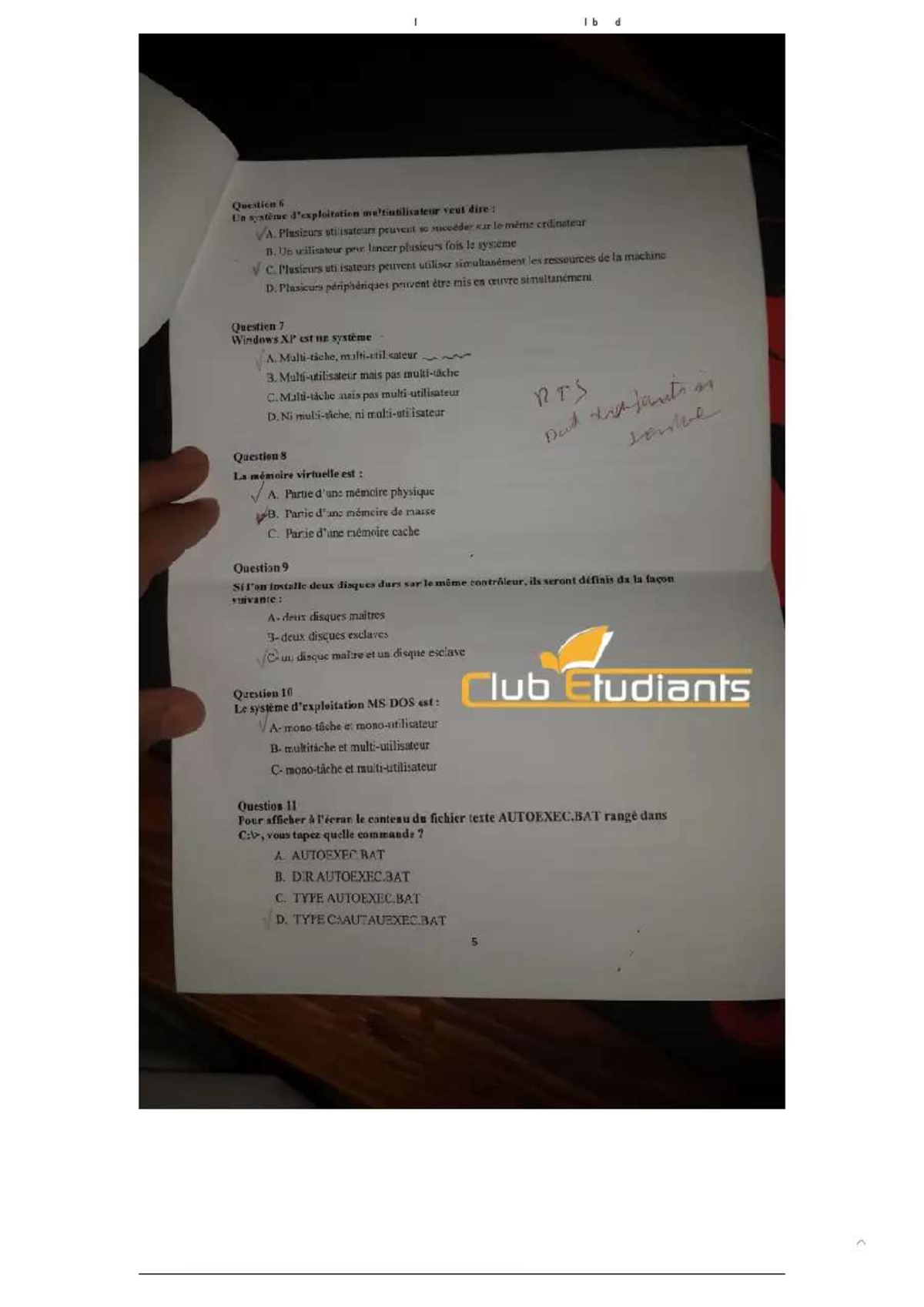 Concour - abcd - Question 6 Un système multistilisateur veut dire : VA Plusicurs utilisateurs ...