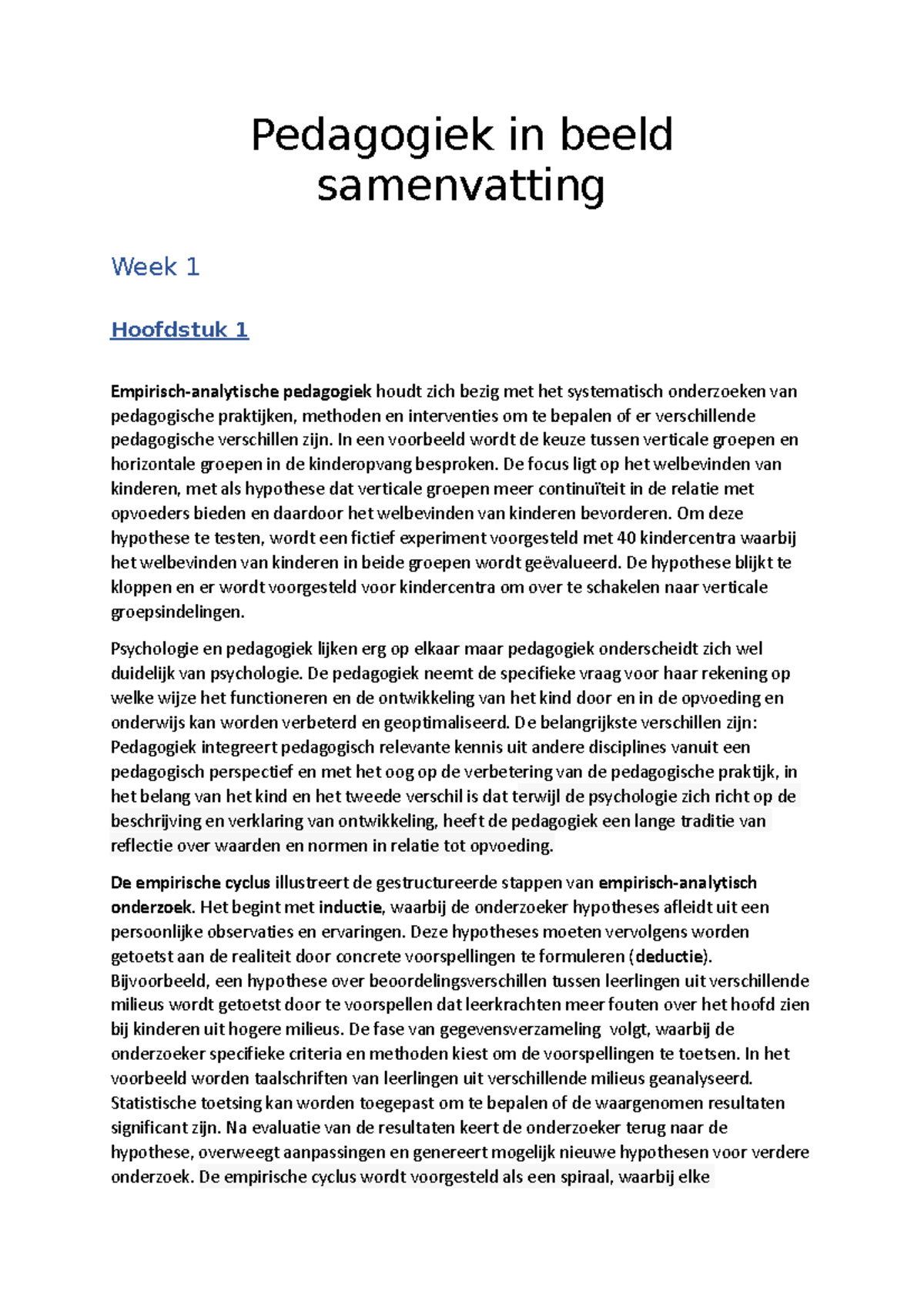 Pedagogiek in beed samenvatting - Pedagogiek in beeld samenvatting Week 1 Hoofdstuk 1 - Studeersnel