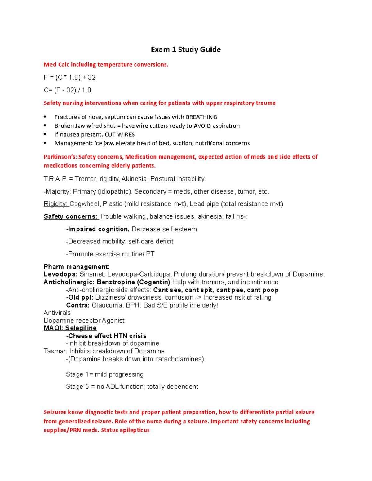 Exam 1 guide - first Sg for Dr. Z's med-surg class. - Exam 1 Study ...