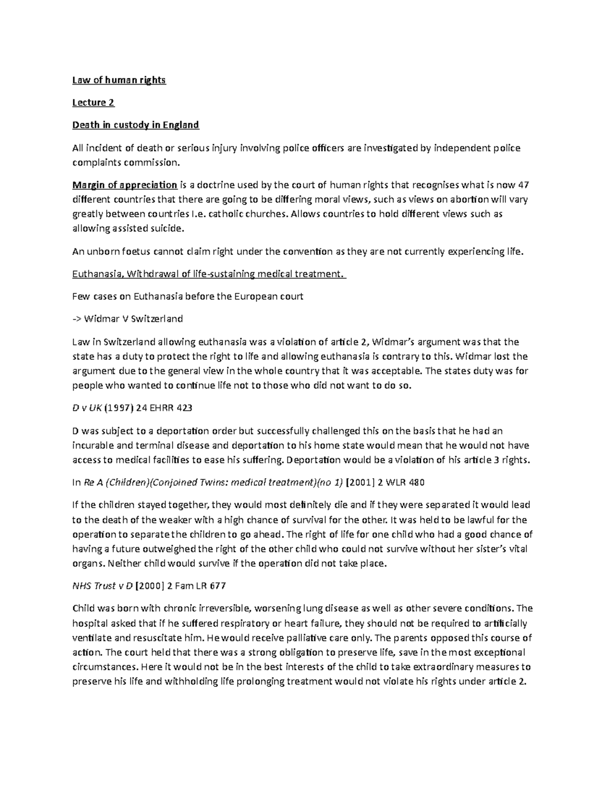 Topic 3 - Death in Custody - Law of human rights Lecture 2 Death in ...