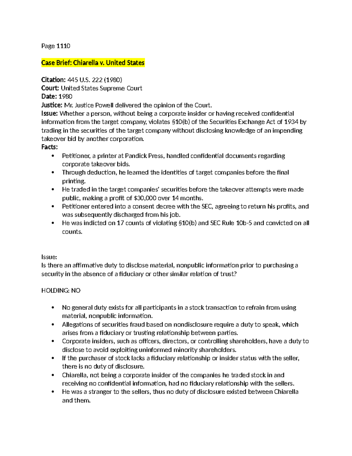 Class 26 - Page 1110 Case Brief: Chiarella v. United States Citation ...
