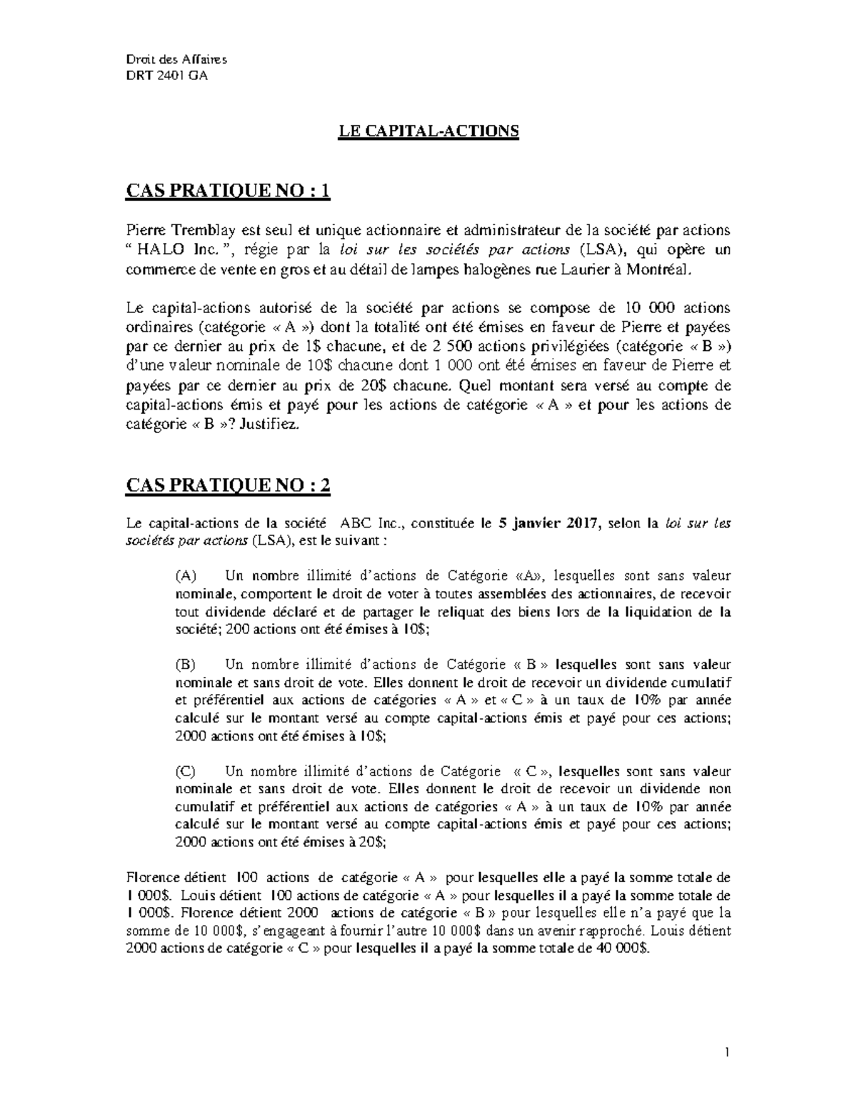 La capital-actions - Droit des Affaires DRT 2401 GA LE CAPITAL-ACTIONS ...