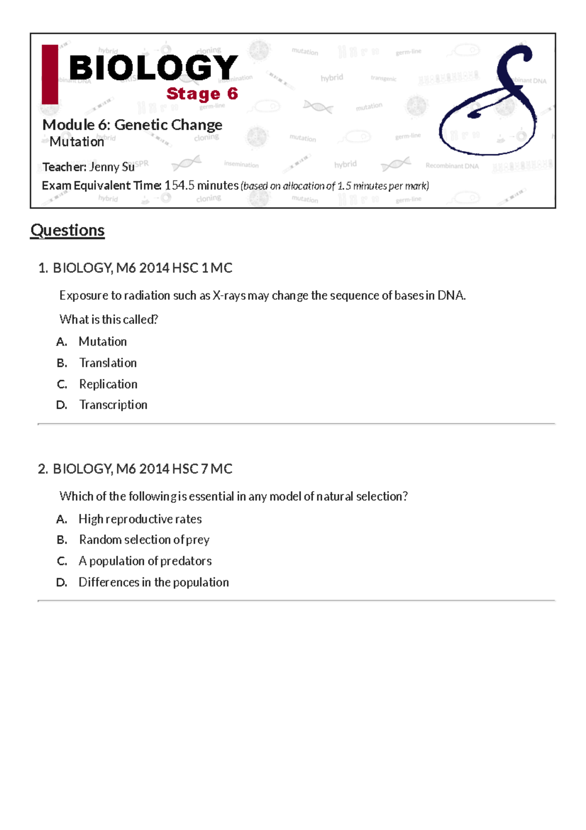 Mutation HSC questions - 1. BIOLOGY, M6 2014 HSC 1 MC 2. BIOLOGY, M6 ...