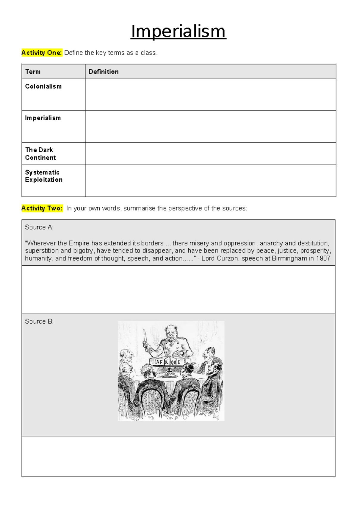 Imperialism activities - Imperialism Activity One: Define the key terms ...