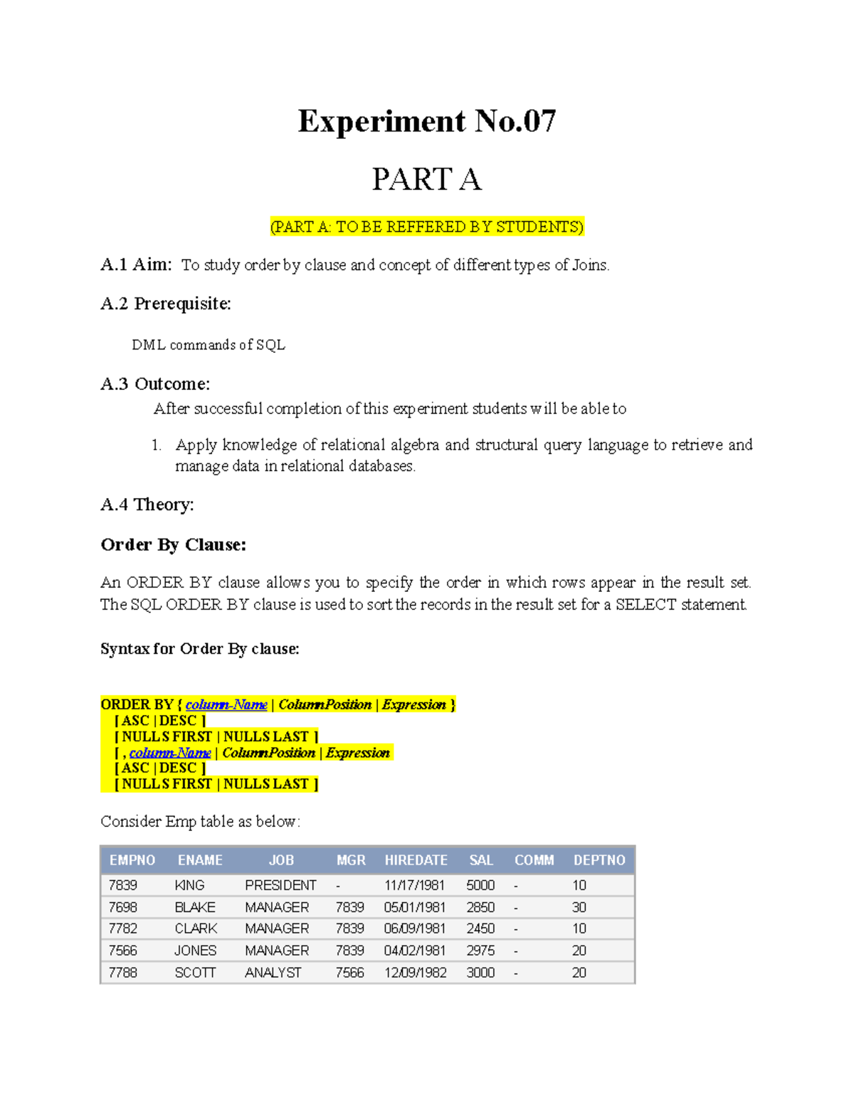 DBMS Practical 7 i IP7vope HW - Experiment No. PART A (PART A: TO BE REFFERED BY STUDENTS) A Aim ...