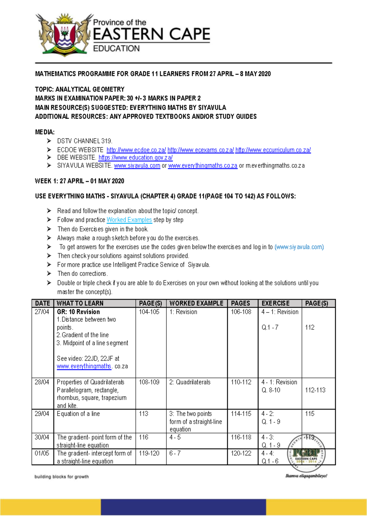 MATH Grade 11 Learner Programme 1 - MATHEMATICS PROGRAMME FOR GRADE 1 1 ...