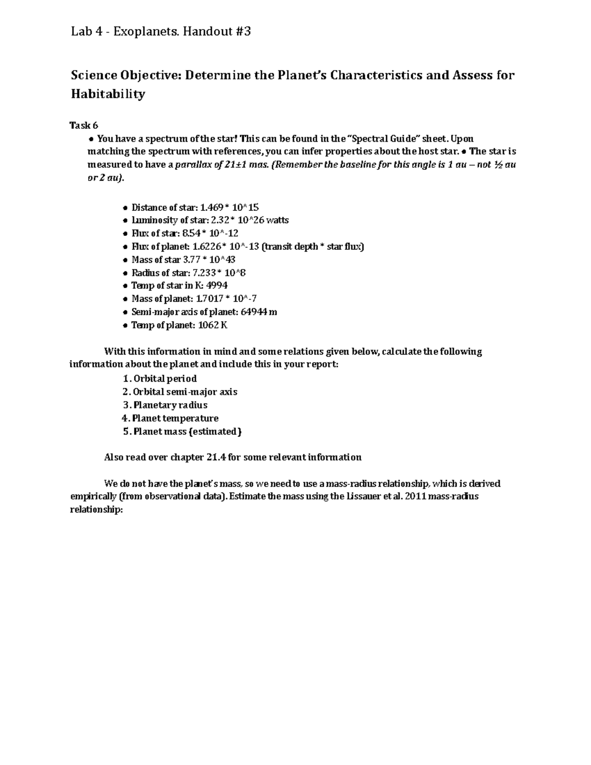Exoplanets Lab Student Sheet 3 - Lab 4 - Exoplanets. Handout Science ...