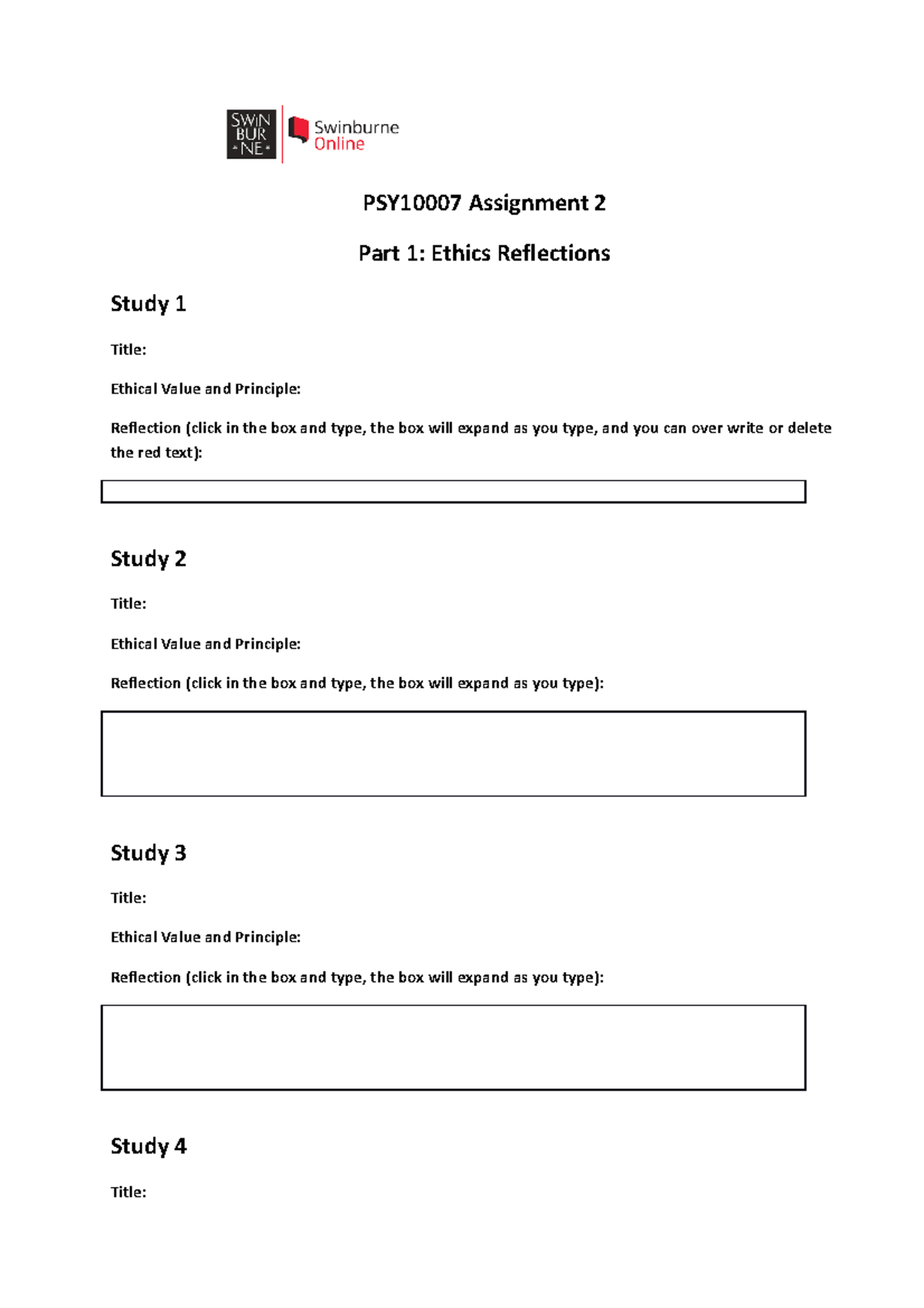 Assignment 2 Reflective assignment template - PSY10007 Assignment 2 Part 1: Ethics Reflections ...