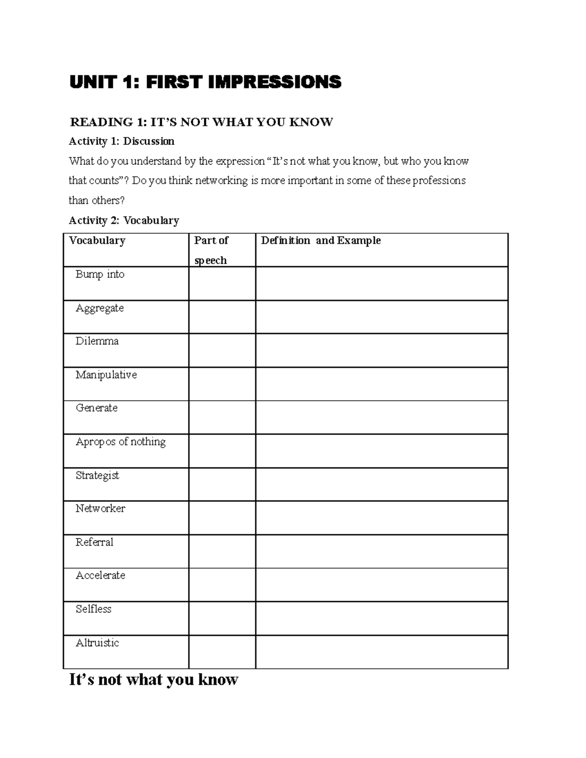 Reading 5 - mhjgfjhgjhb bj,nkl - UNIT 1: FIRST IMPRESSIONS READING 1 ...