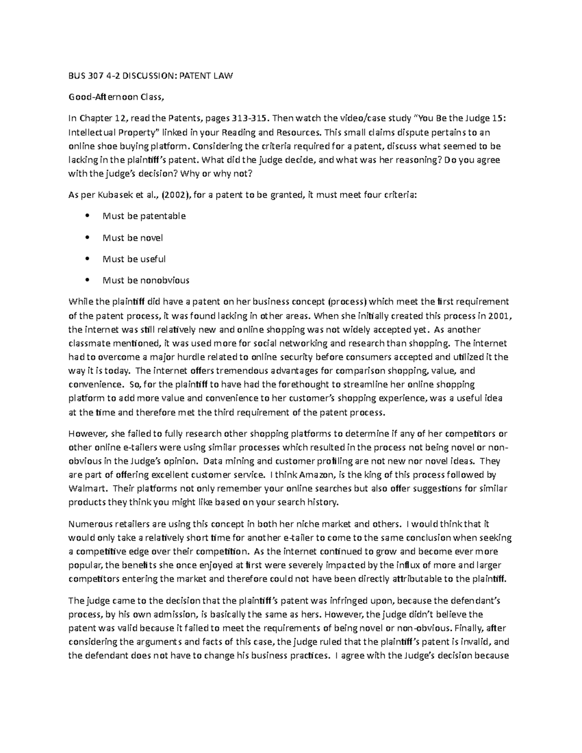 BUS 307 4-2 Discussion- Patent LAW - BUS 307 4-2 DISCUSSION: PATENT LAW ...