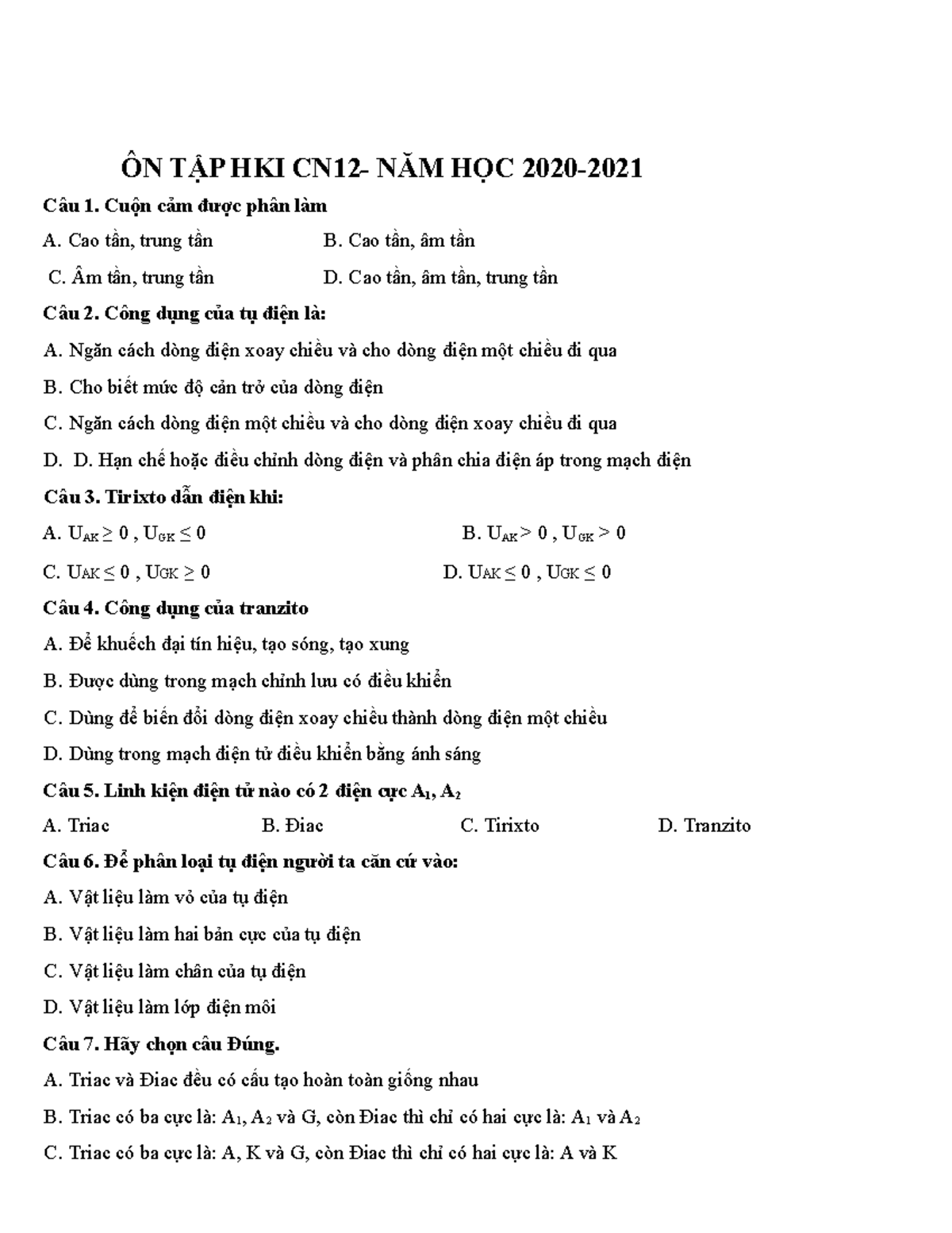 100 CAU TRAC Nghiem KIEM TRA HKI CN12 ON TAP - ÔN TẬP HKI CN12- NĂM HỌC ...