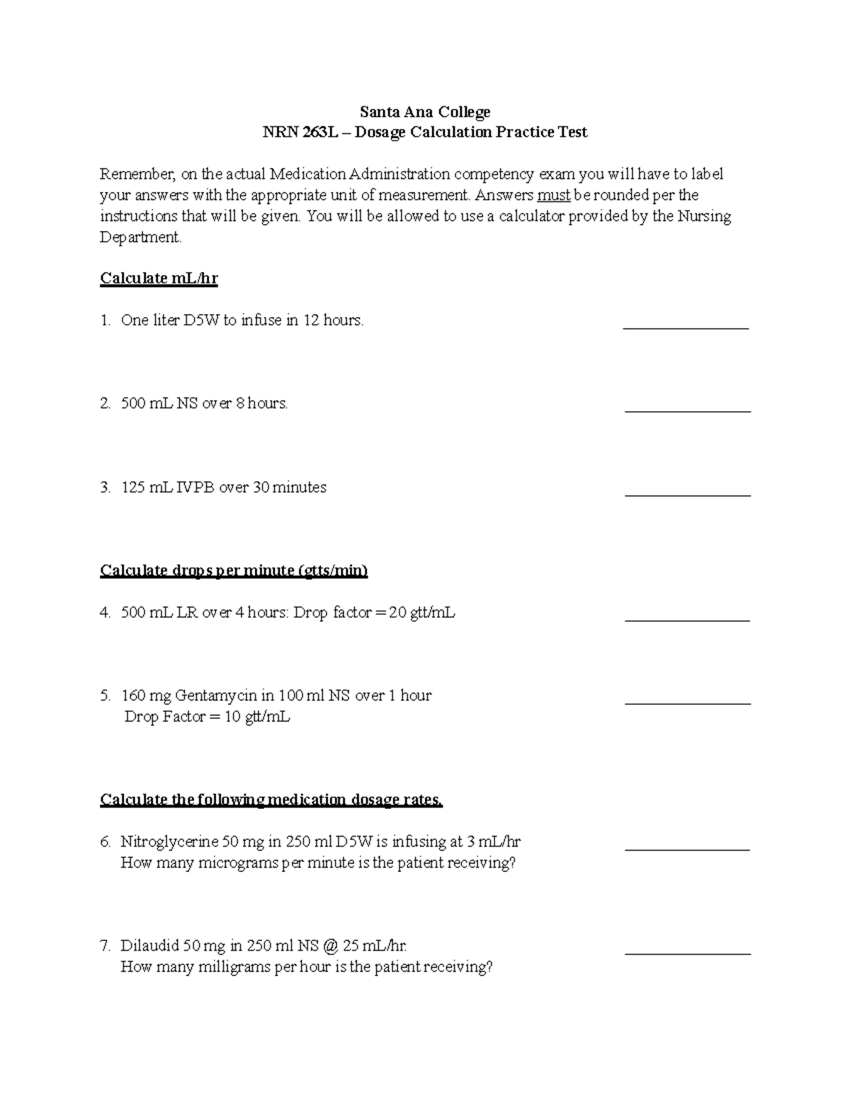 NRN 263 L - Math Practice - Santa Ana College NRN 263L – Dosage ...
