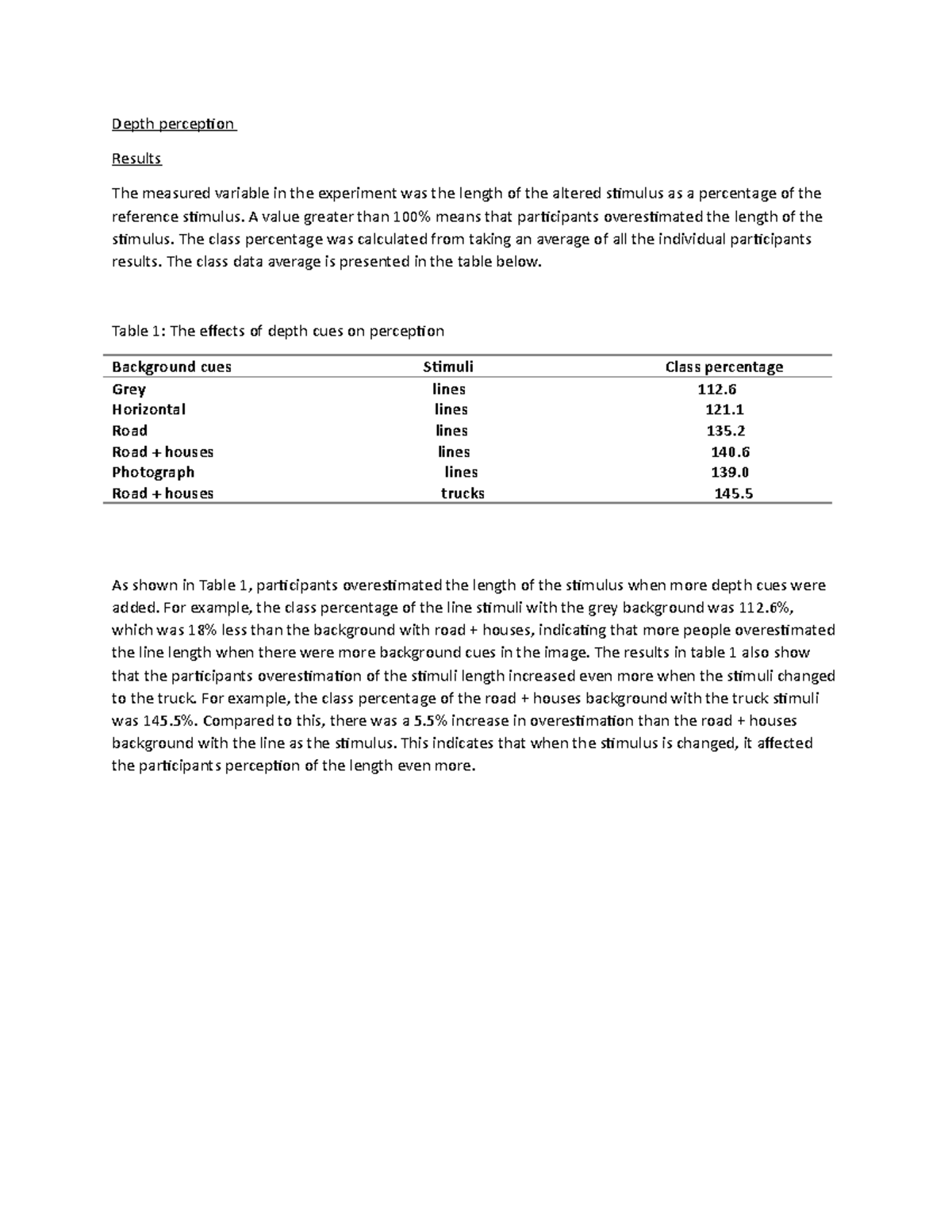 Depth perception - lab - Depth perception Results The measured variable ...