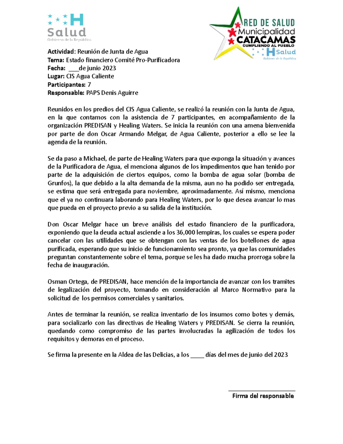 Ayuda Memoria Junta DE AGUA Junio 2023 CIS AGUA Caliente - Actividad ...