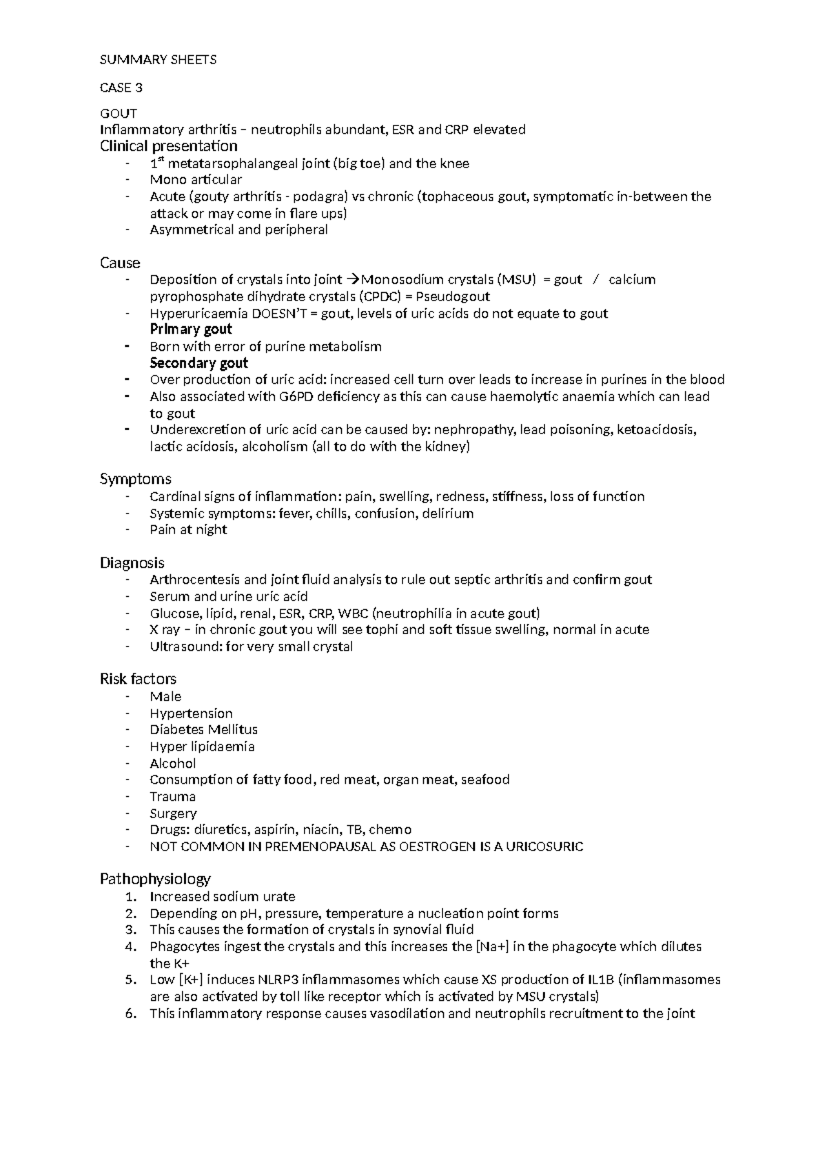 Case 3 gout - Summary musculoskeletal - SUMMARY SHEETS CASE 3 GOUT ...