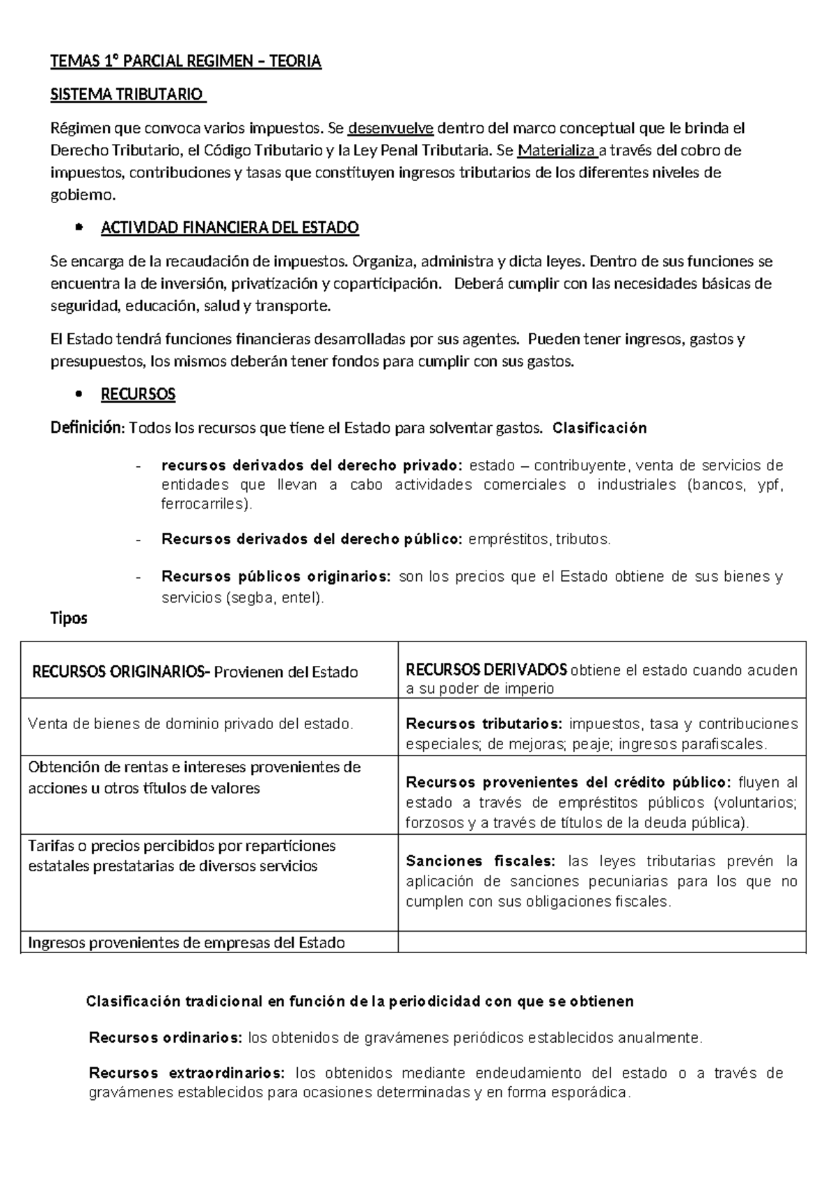 Temas 1er parcial - Regimen Tributario - TEMAS 1º PARCIAL REGIMEN – TEORIA SISTEMA TRIBUTARIO ...