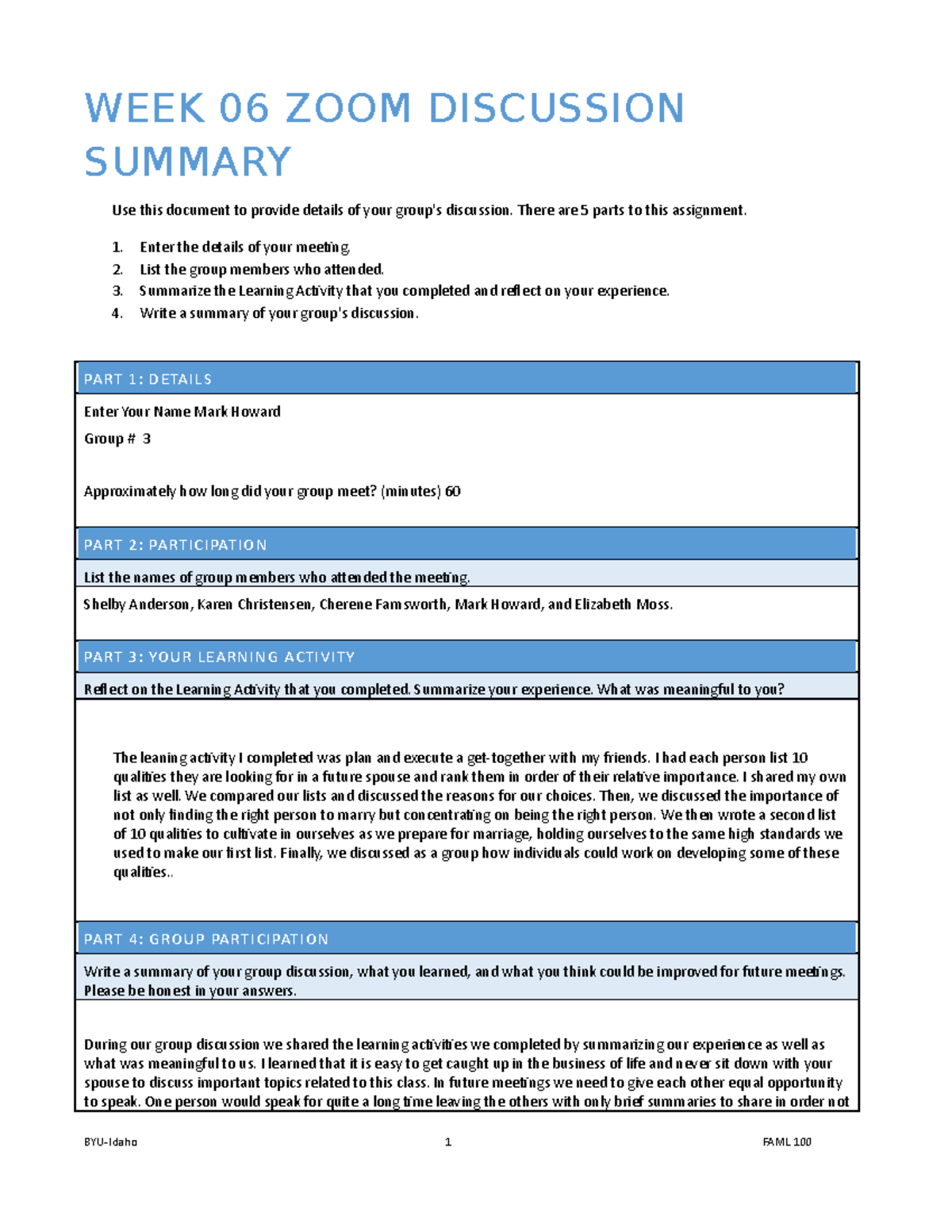 Faml100 document w06Zoom Summary - WEEK 06 ZOOM DISCUSSION SUMMARY Use ...