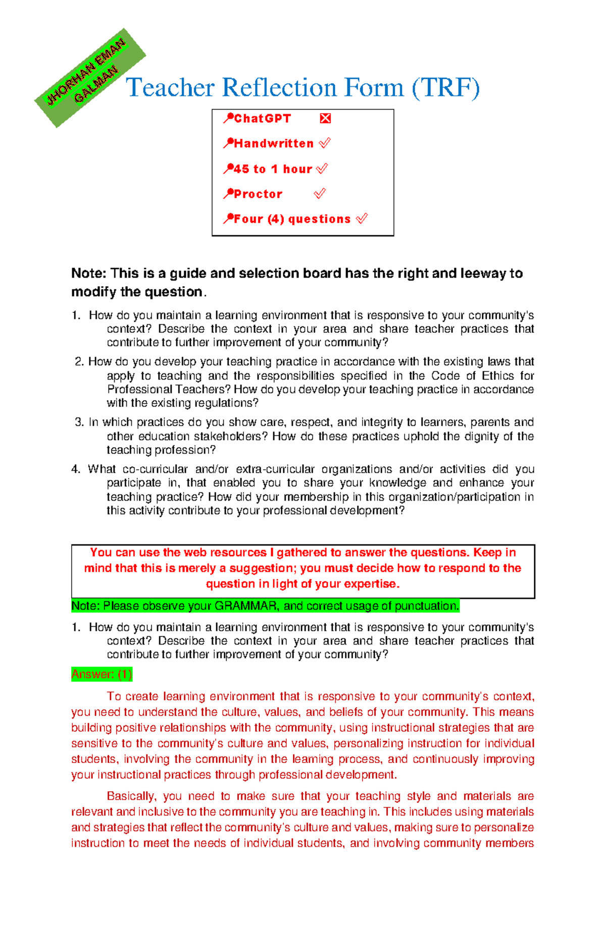 TRF - Teacher Reflection Form - Teacher Reflection Form (TRF) Note: This is a guide and ...