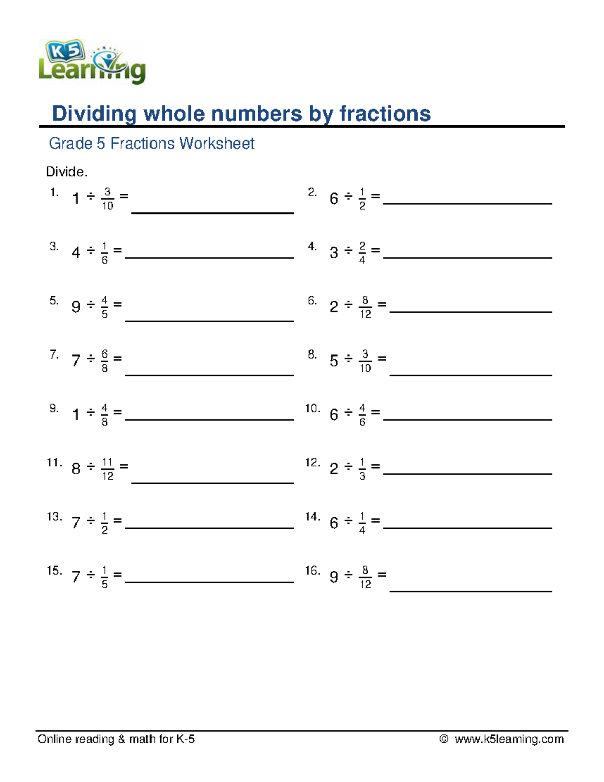 Grade 5 divide whole numbers by fractions a - Online reading & math for ...